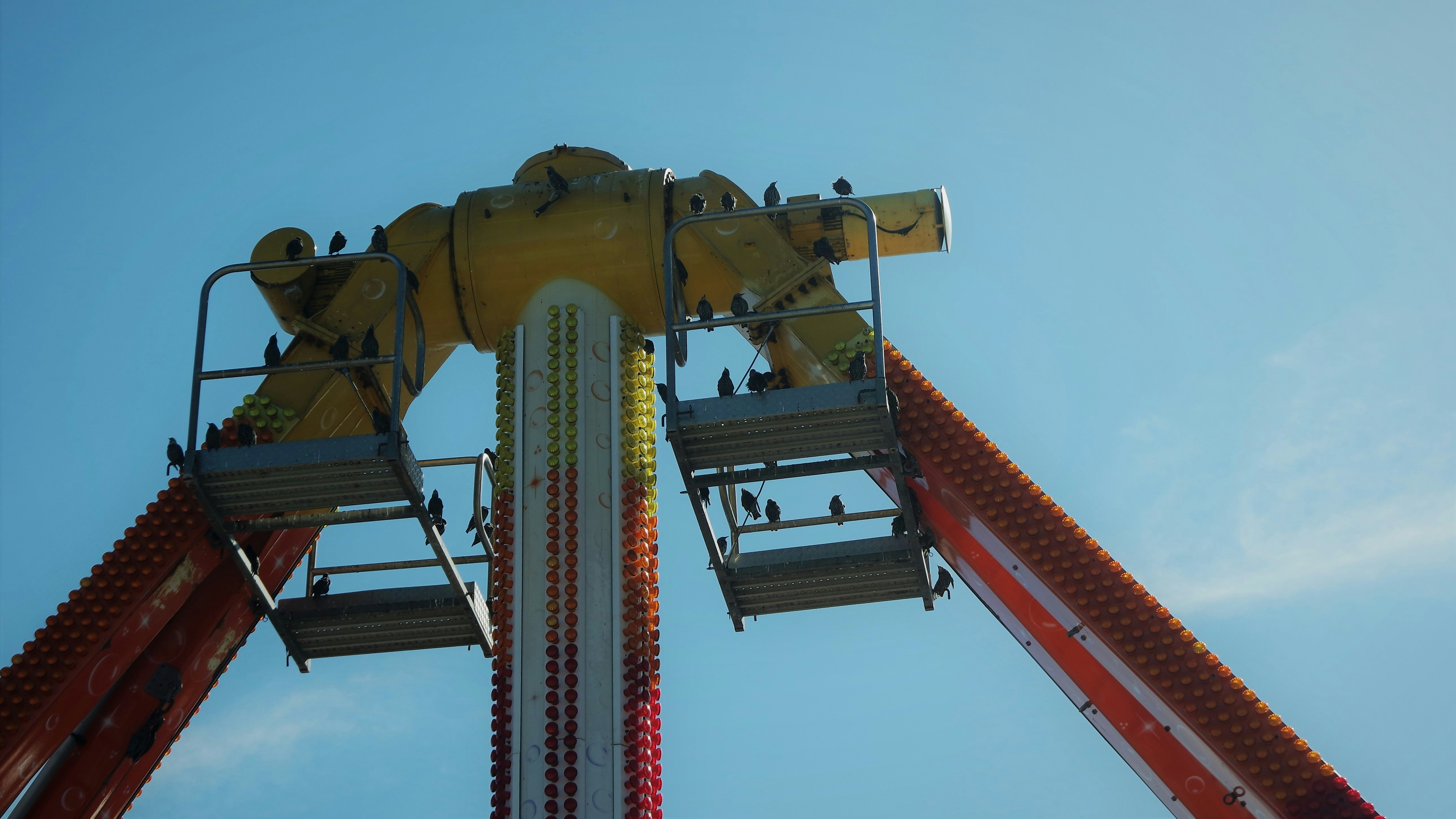 Skyward Geometry: The Yellow Central Hub Framing Red Ride Arms