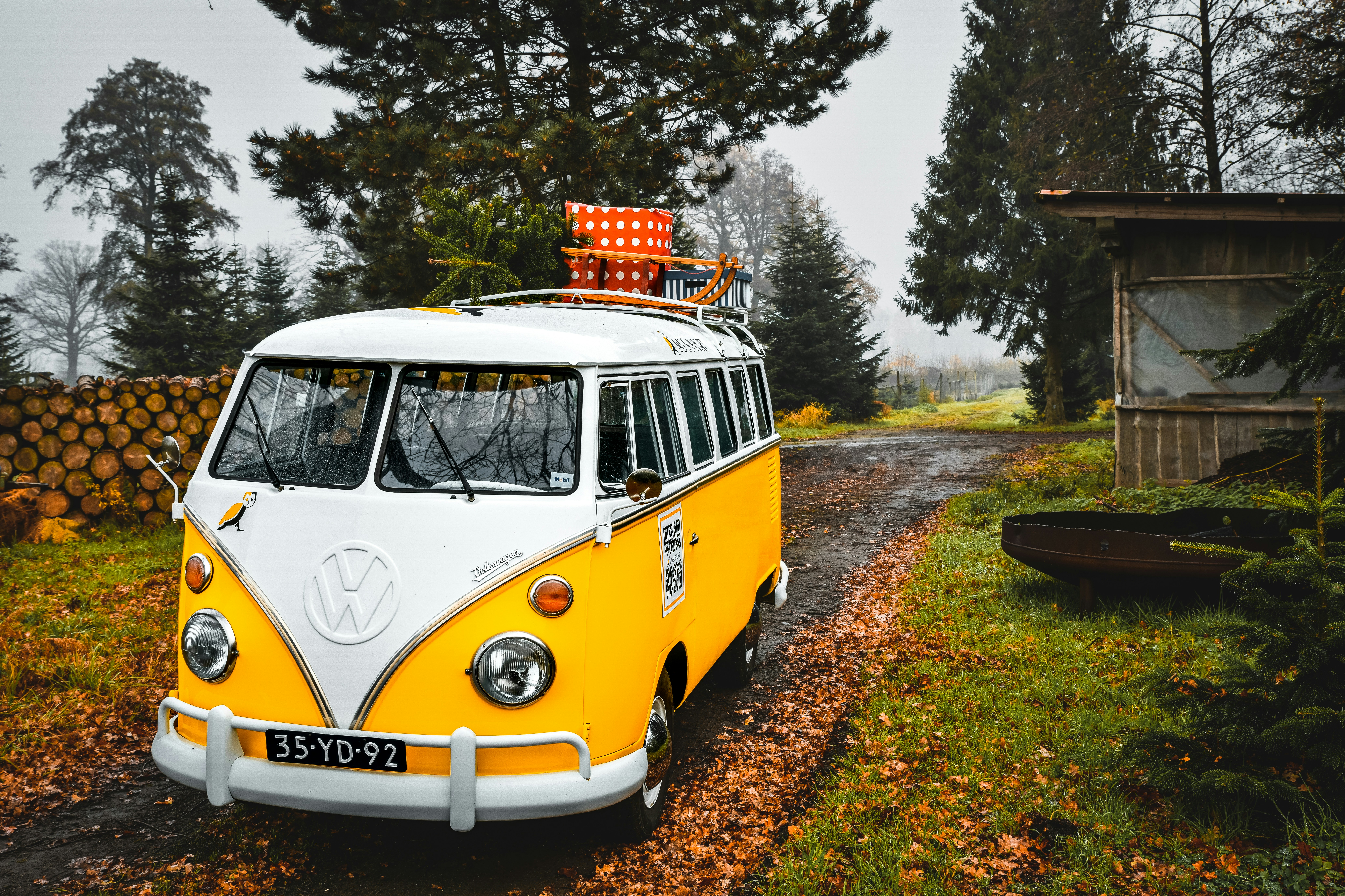 Backroad Wanderer: A Vintage Yellow VW Bus Rests on a Mossy Gravel Lane