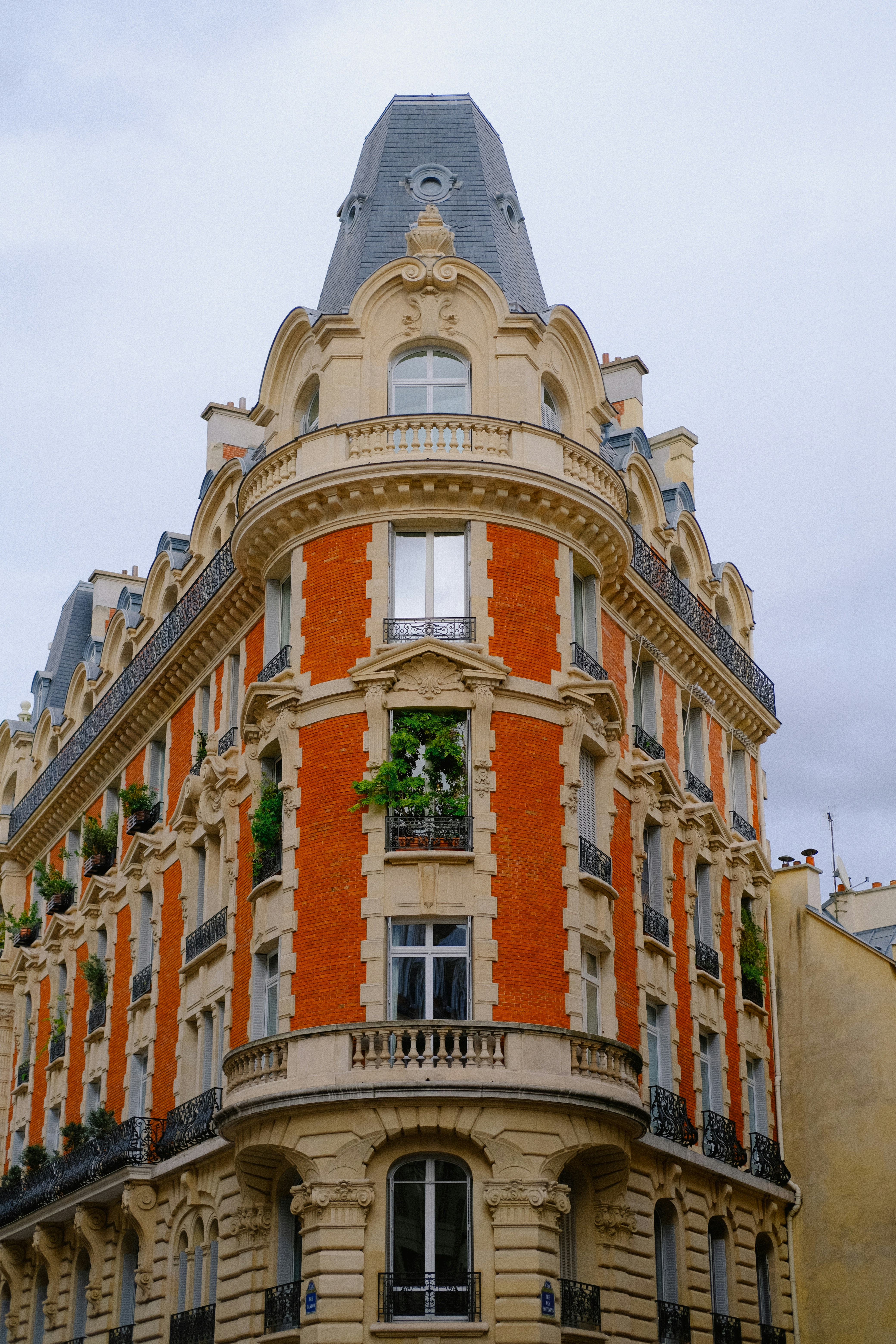 Ornate Parisian Facade: Corner Tower with Verdant Accents