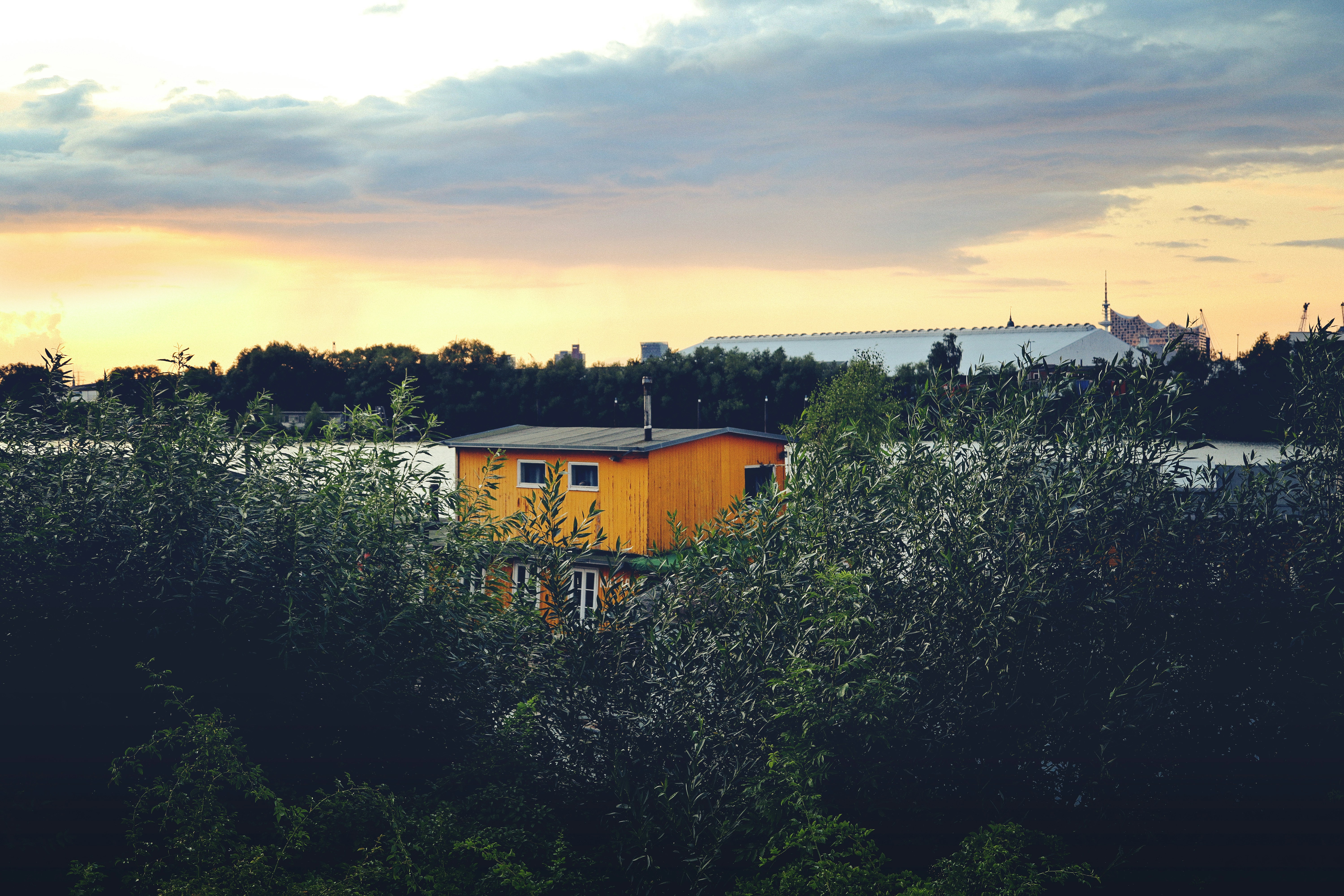Center of Calm: A solitary orange building peeked through dense foliage at sunset