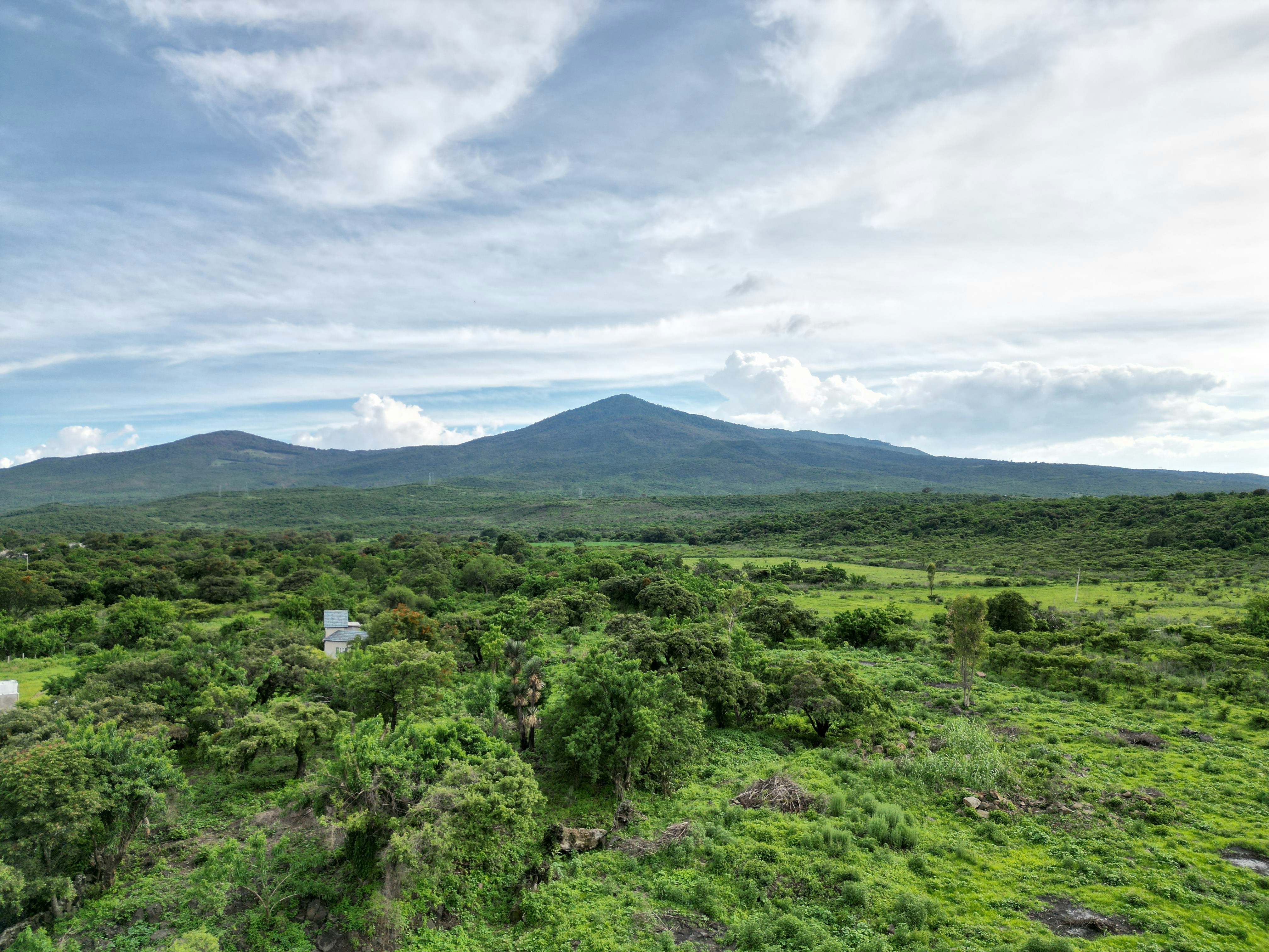 Lush green landscape with rolling hills and a distant mountain under a vast cloud-filled sky.