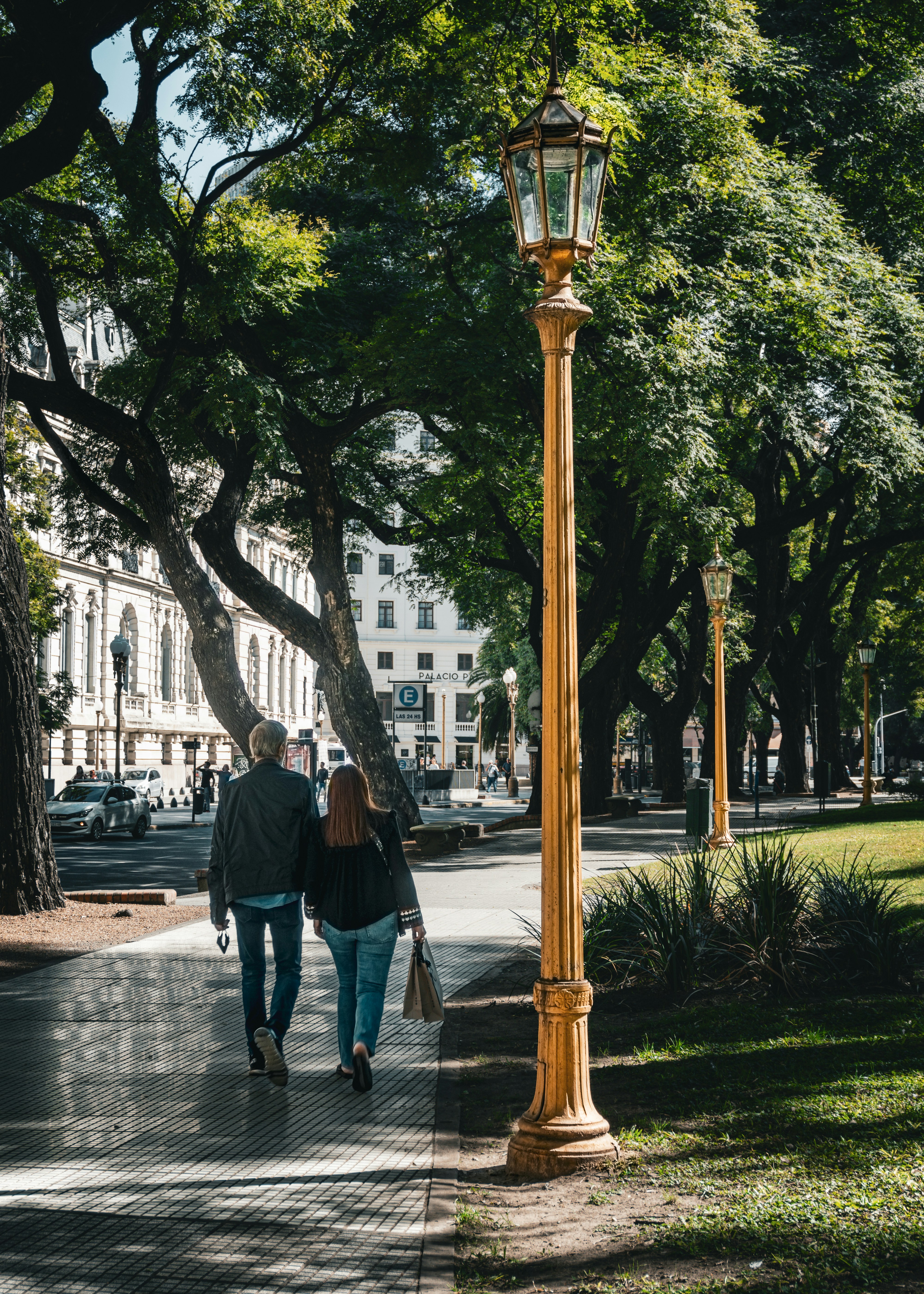 Amber Lanterns, Quiet Stroll: City Pathway Portrait