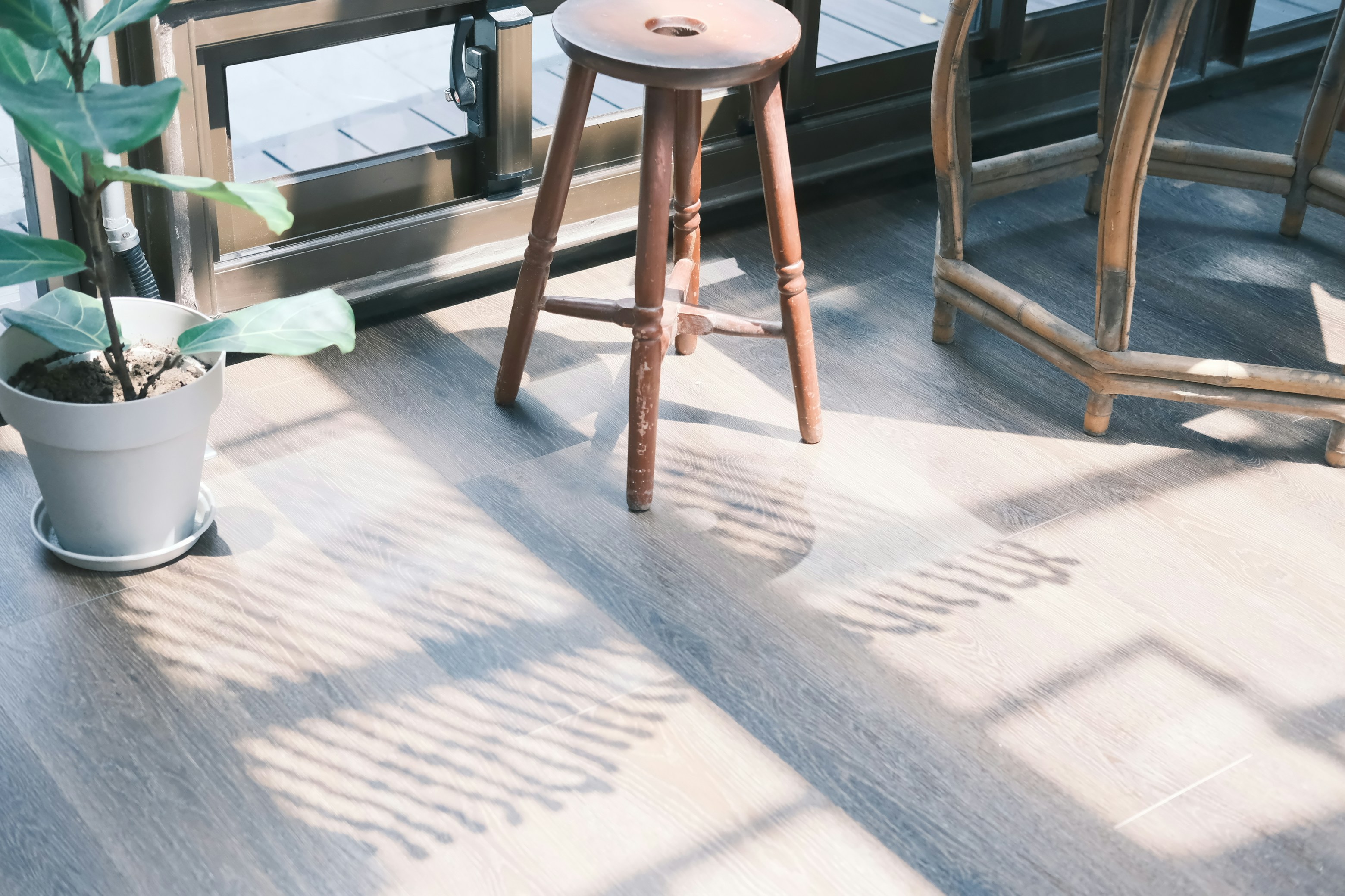 Sunlit Geometry: Plant, Stool, and Shadow Play in a Quiet Corner