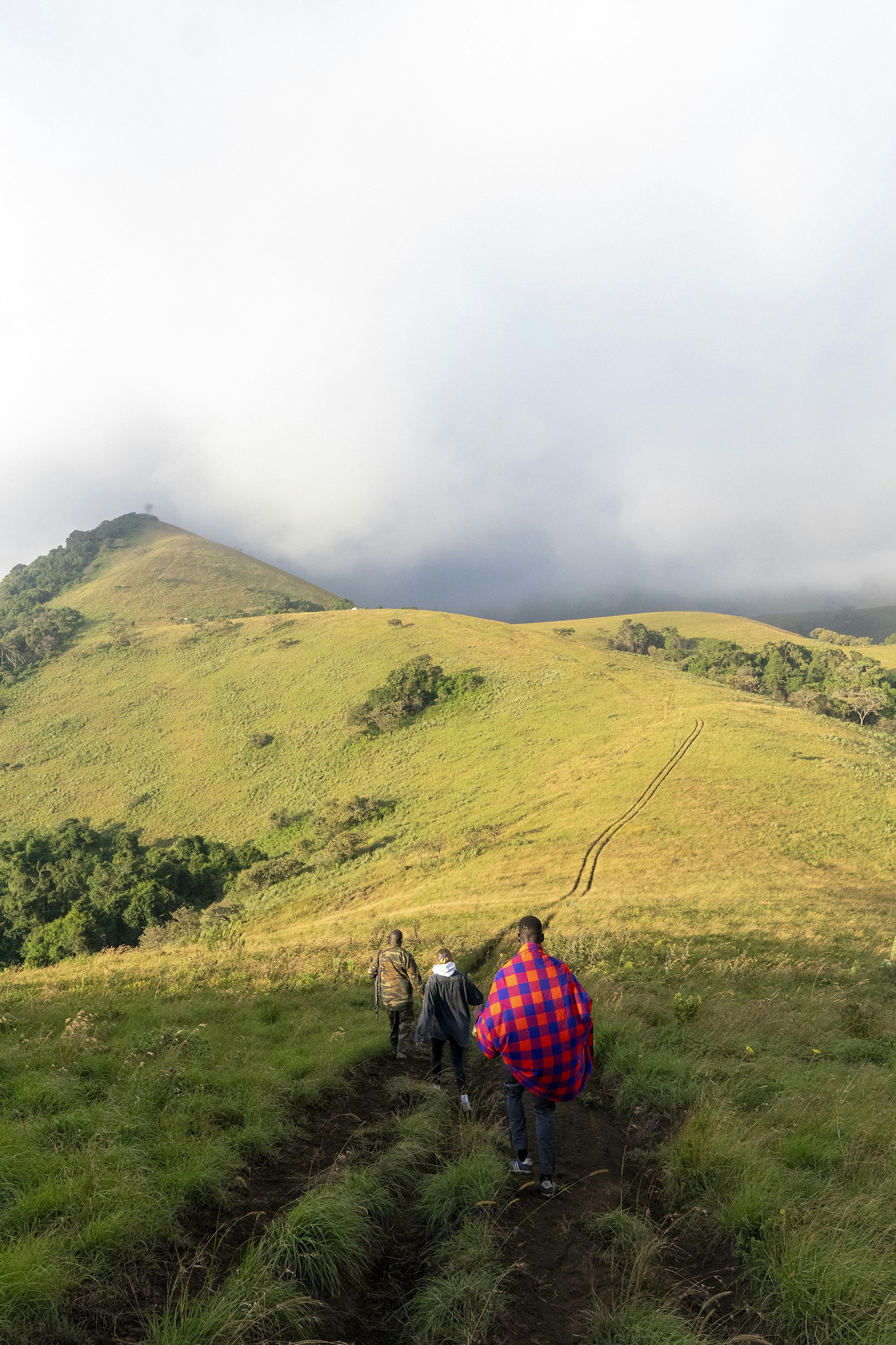 Three Hikers Trek a Sunlit Ridge Toward the Horizon