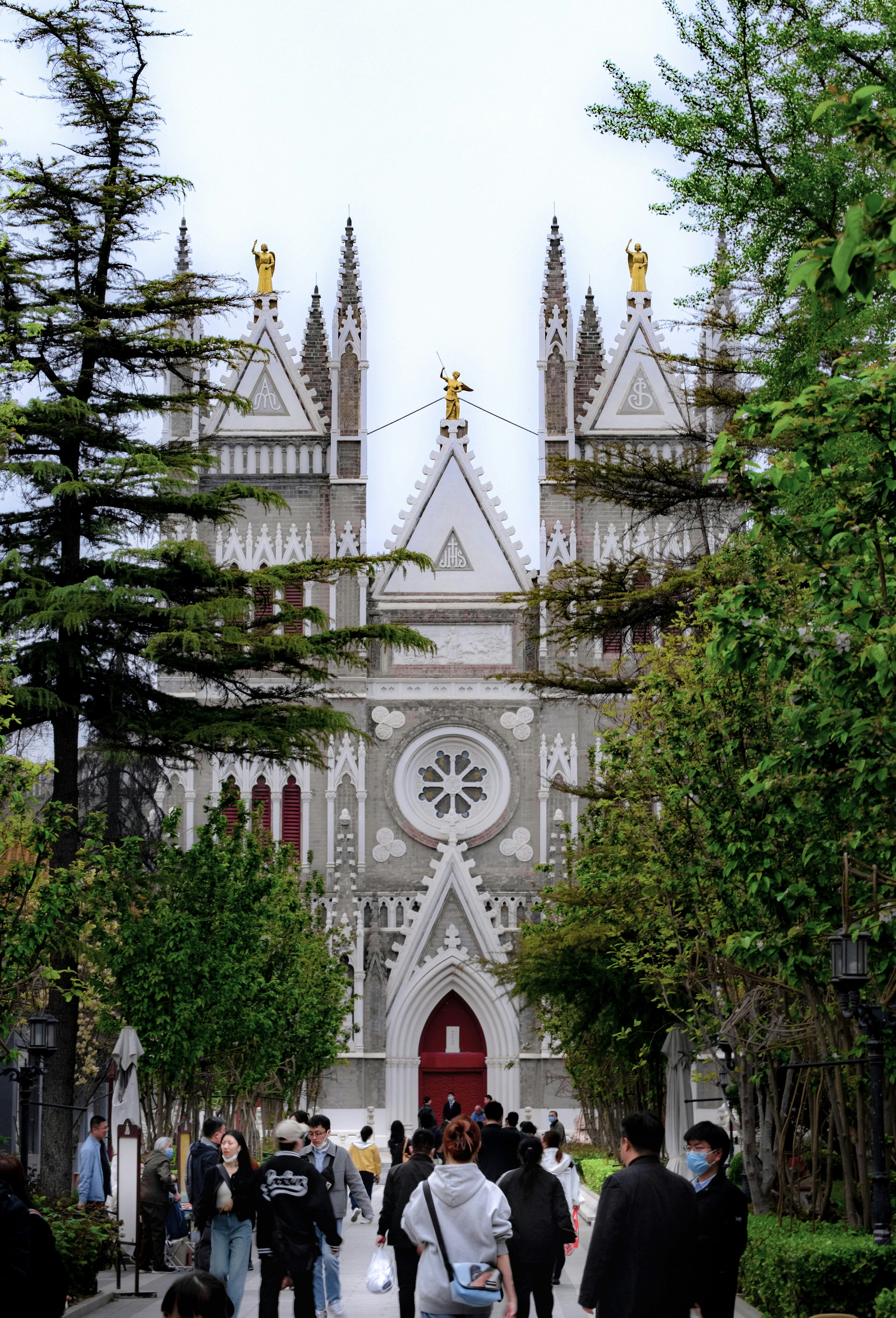 Spires in Pine Shadow: A City Cathedral Framed by Trees