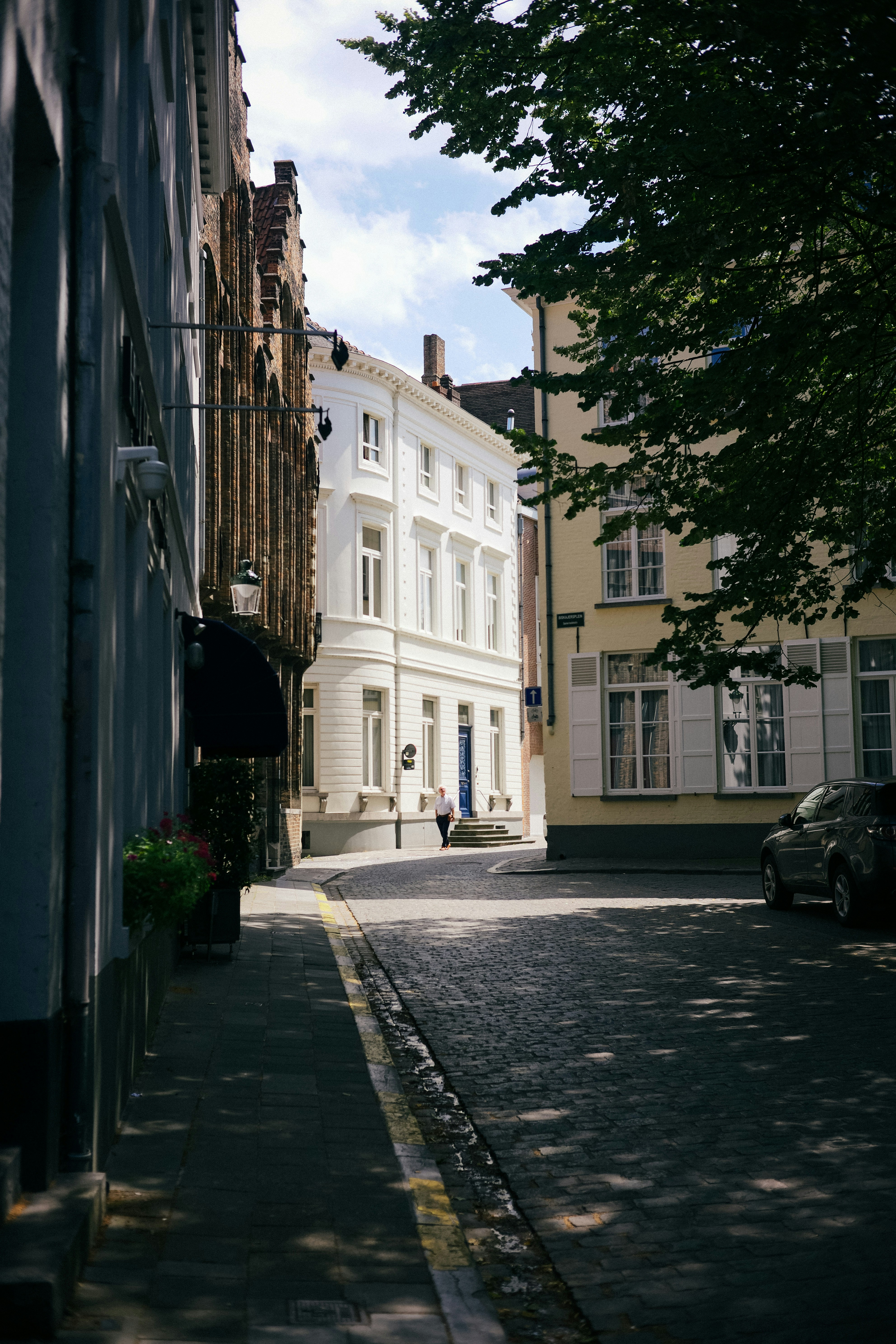 A serene street scene showcasing a charming curve in a cobblestone road, flanked by elegant buildings and dappled sunlight filtering through leaves overhead.