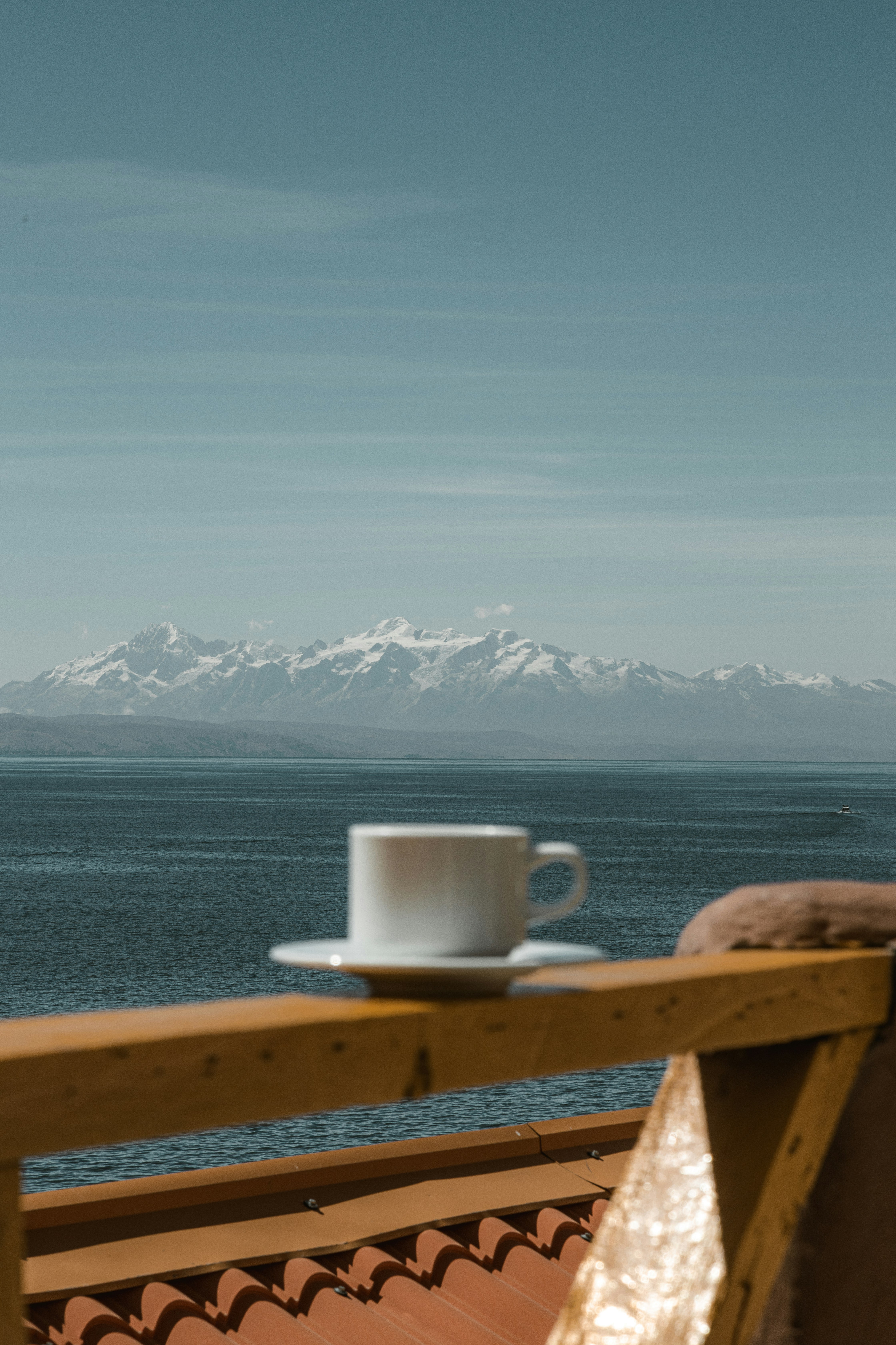 Cup on the Rail, Framing a Snow-Capped Horizon