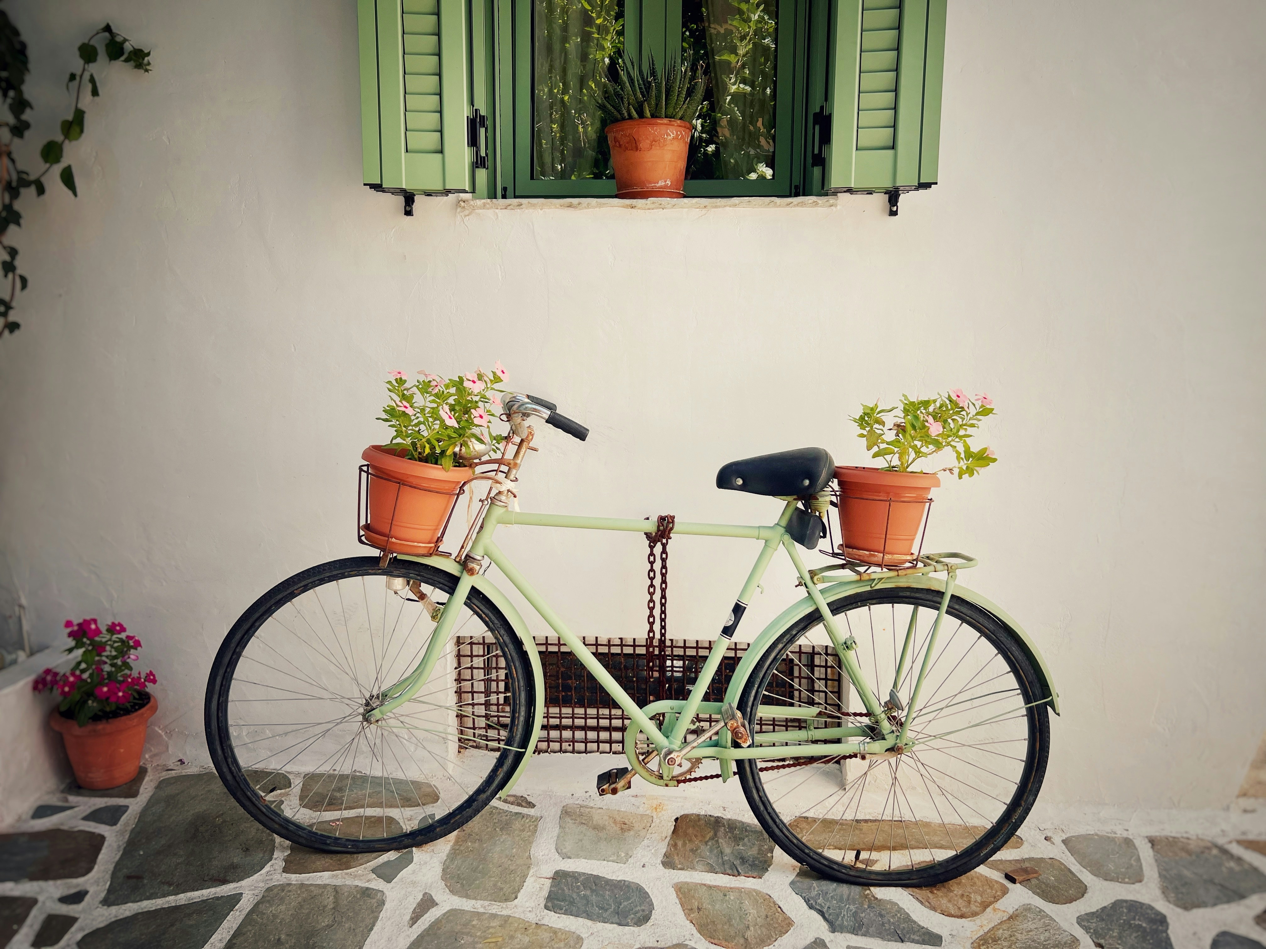 A green bike parked next to a window with green shutters photo – Free ...