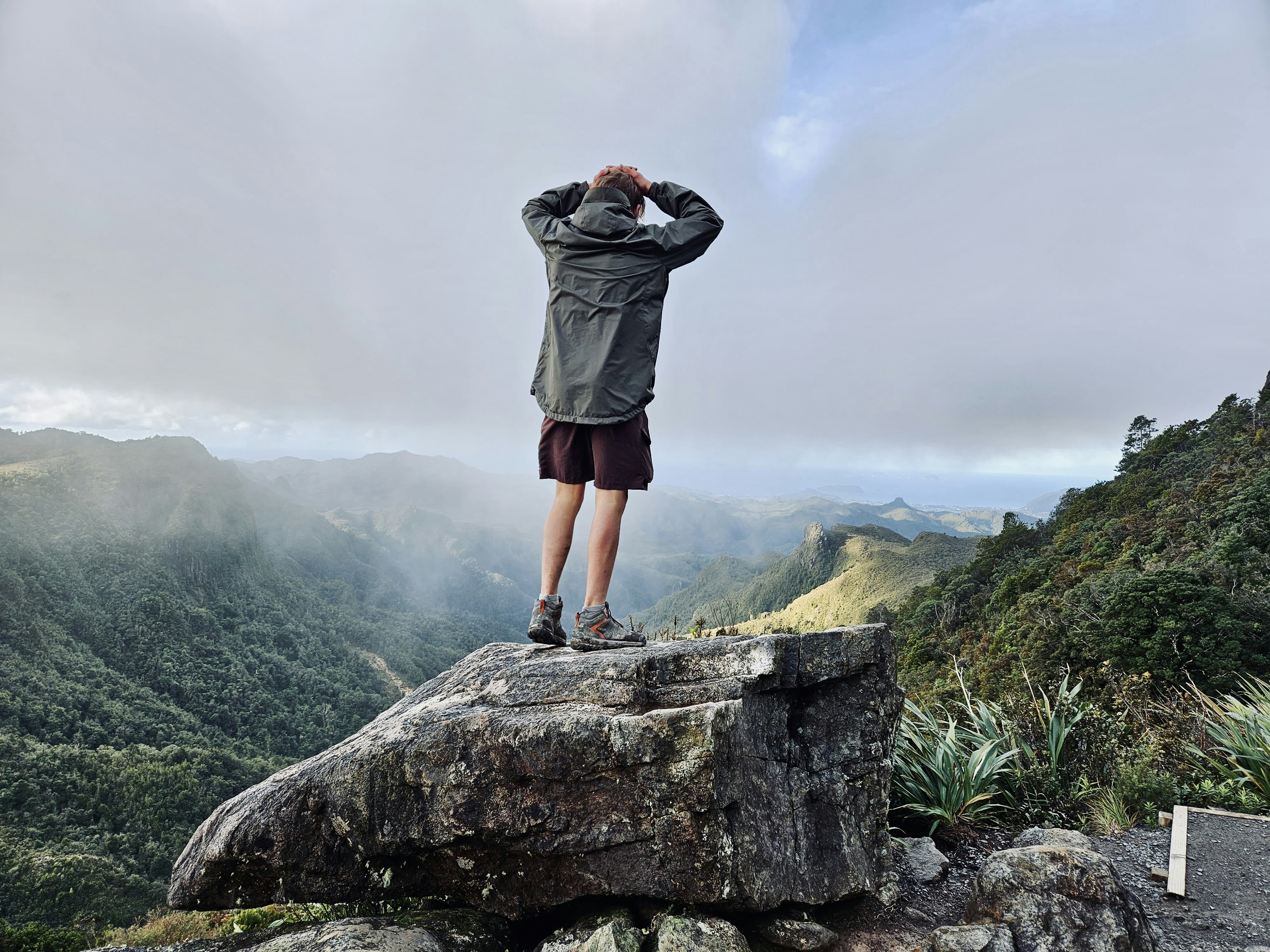 A lone hiker stands on a weathered rock outcrop, arms raised toward a cloudy sky. A photograph capturing a panoramic valley shrouded in mist.