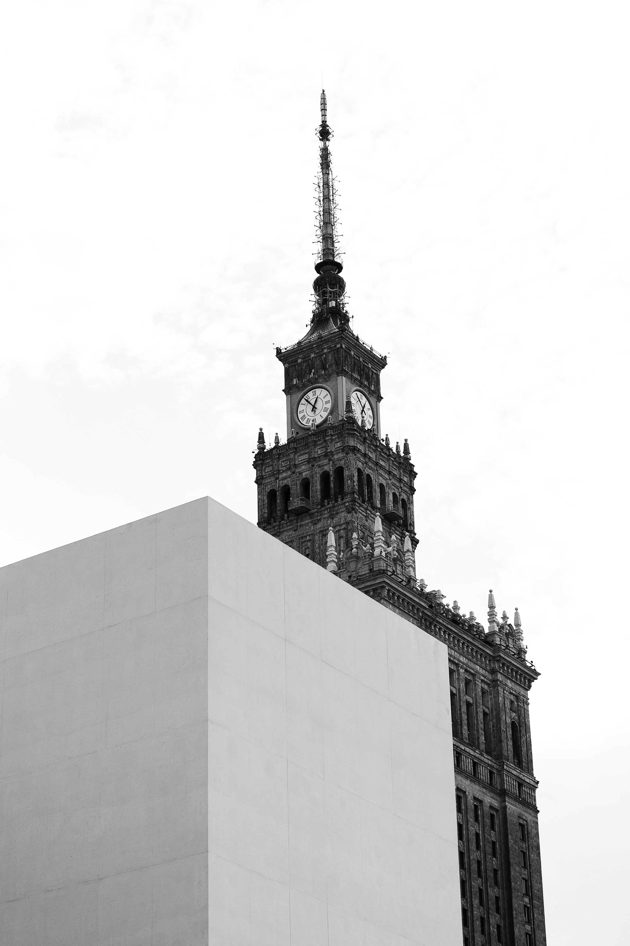 Spire and Stone: A Clock Tower Pierces a Modern Façade