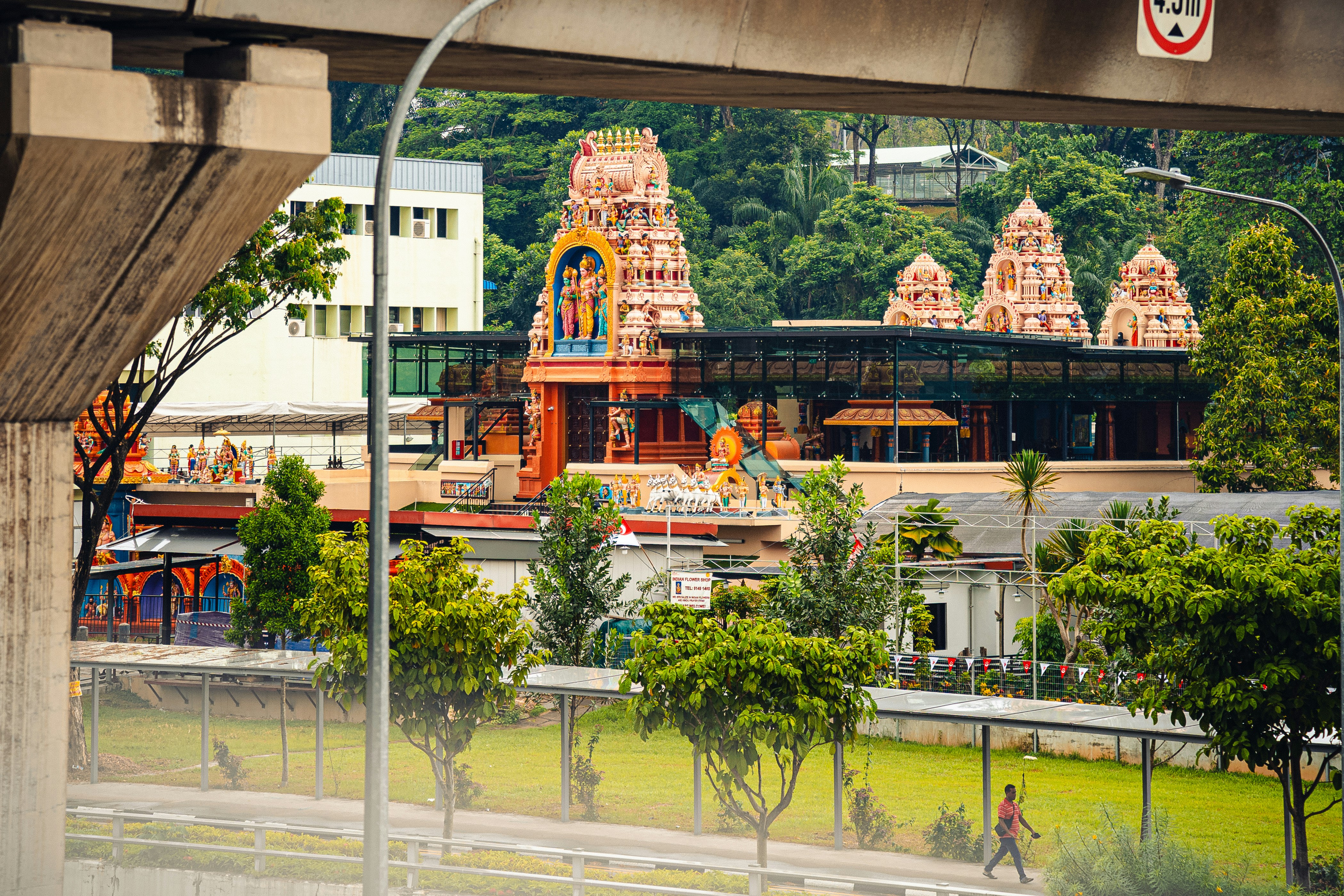 Urban Shrine: Colorful Temple Towers Framed by a Concrete Overpass