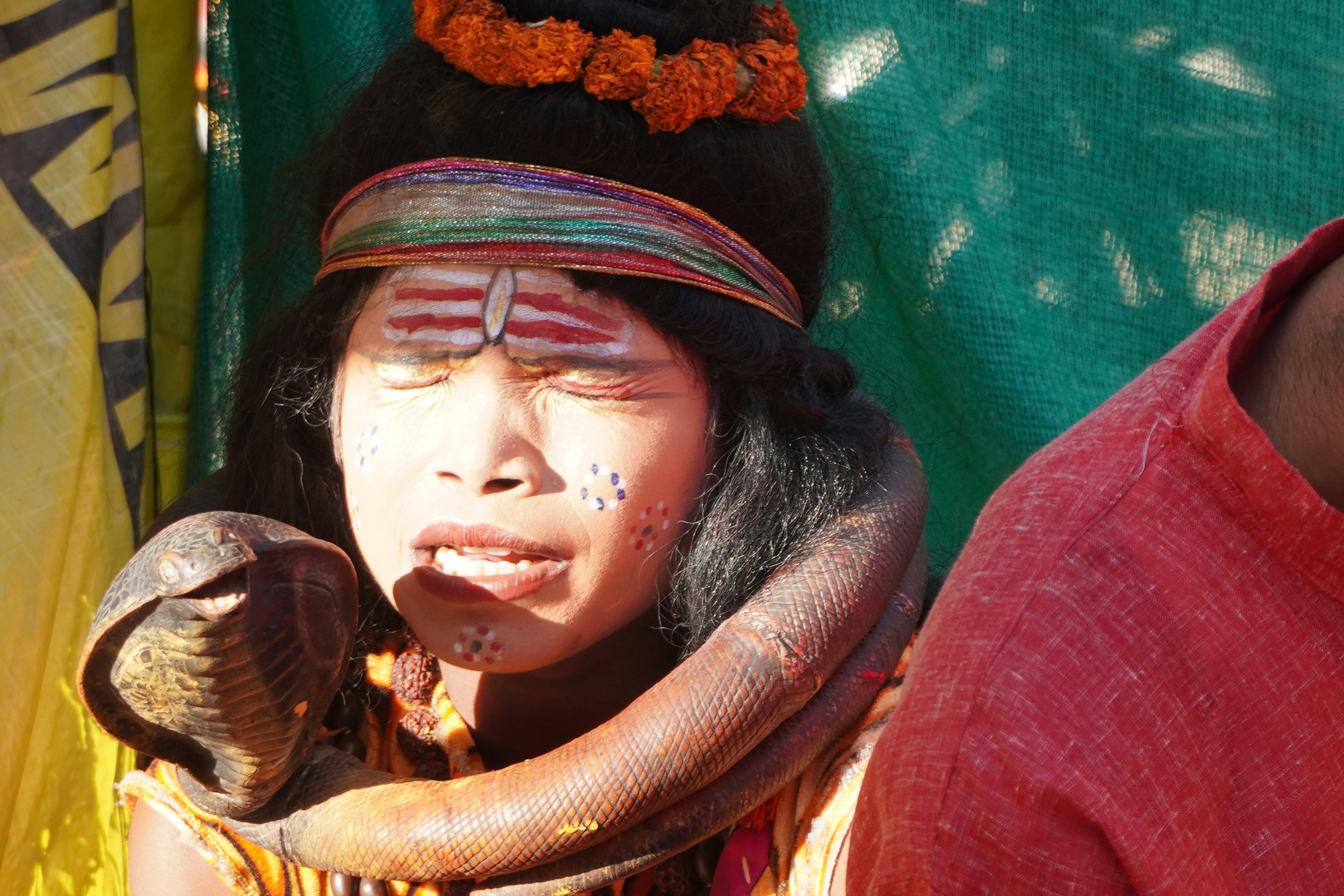 Person with traditional face paint and a snake wrapped around their shoulders in bright sunlight.