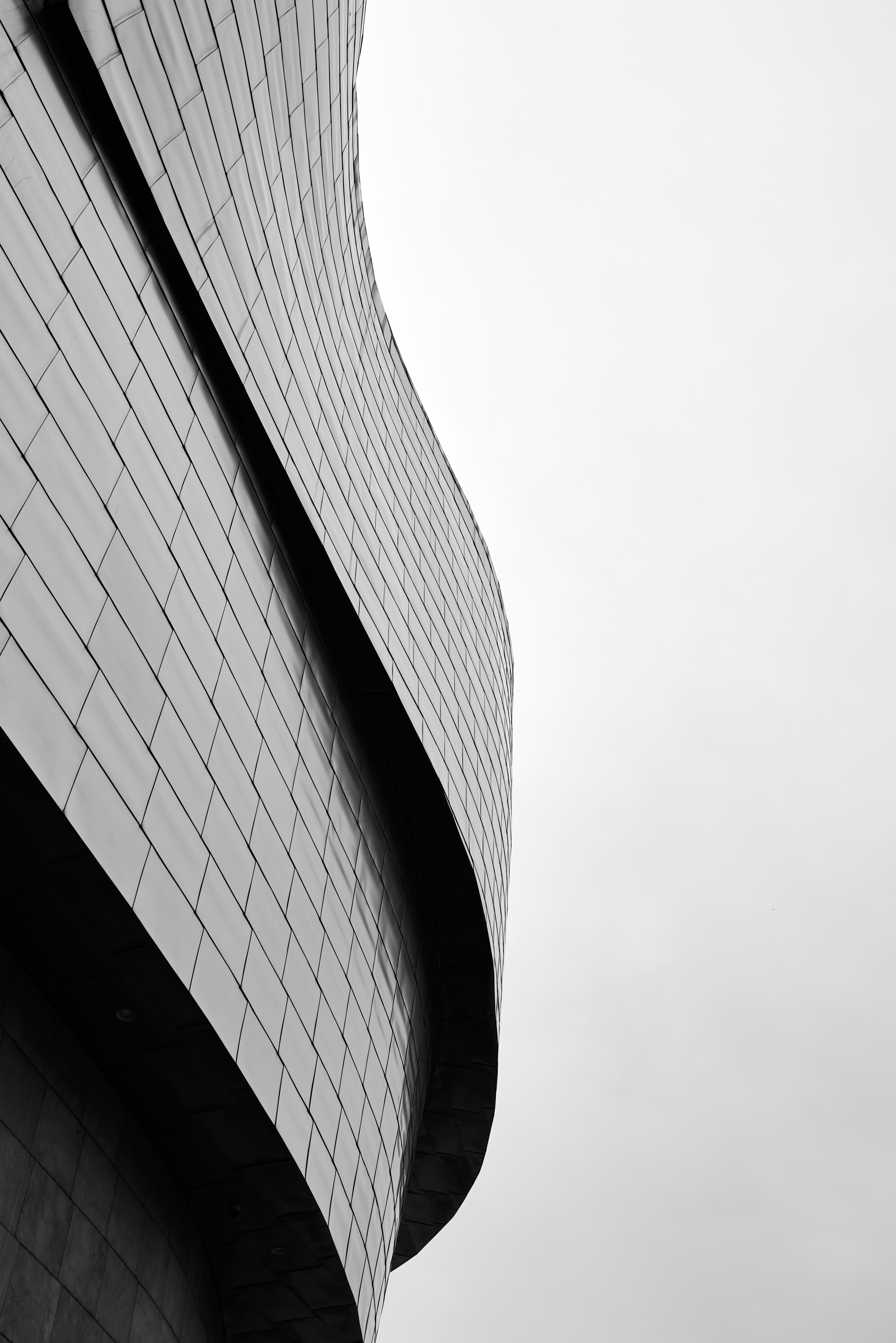 A black-and-white architectural photograph emphasizing a sinuous metal facade and its interplay with light against a minimalist sky.