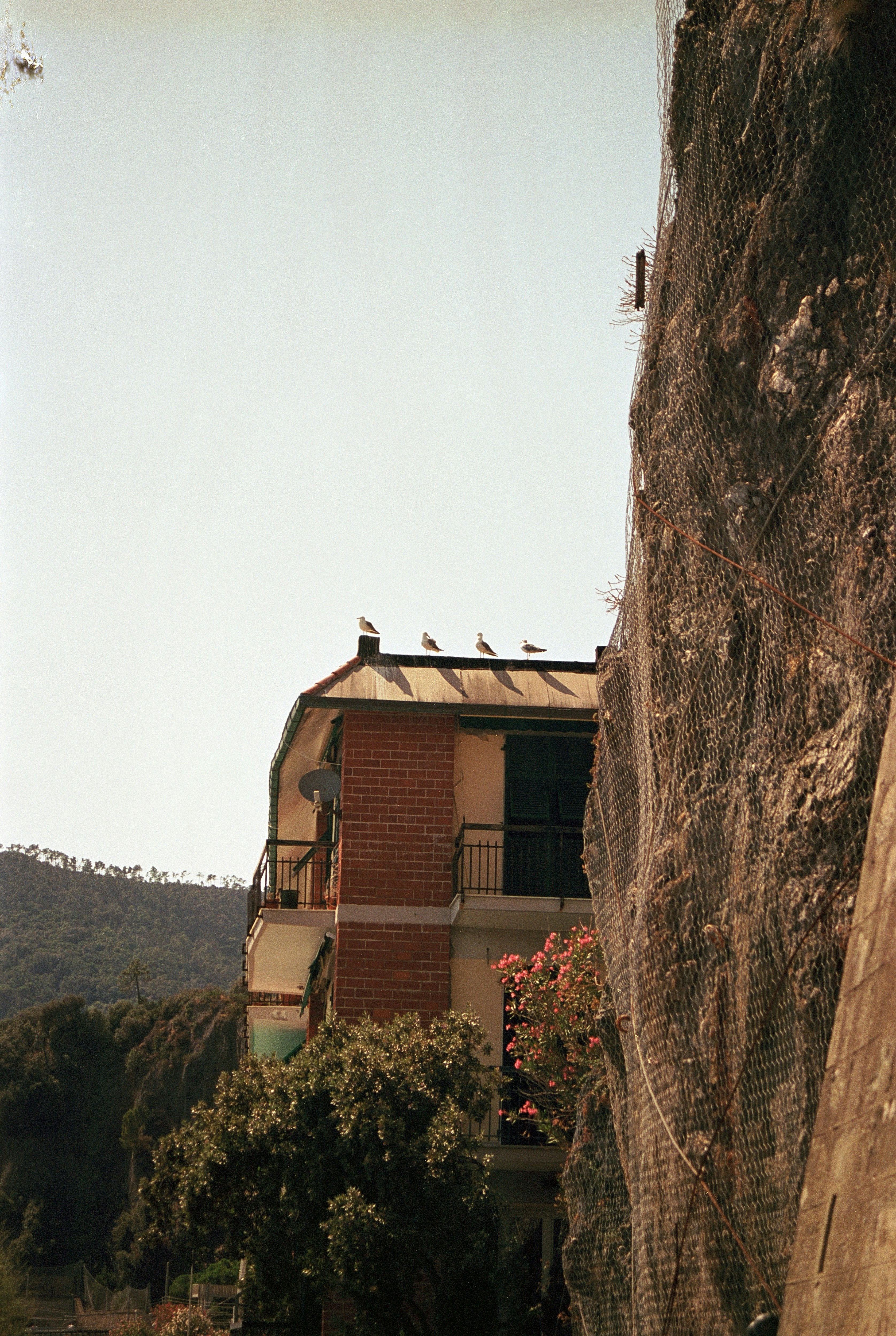 Balcony on the Cliff: Brick Facade Framed by Netting