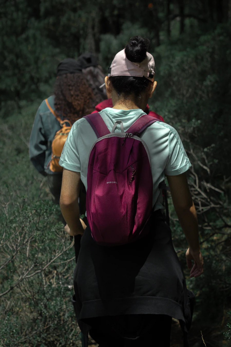 Three hikers with backpacks walk away along a narrow forest trail under dappled light. The nearest hiker wears a pink cap and magenta backpack.