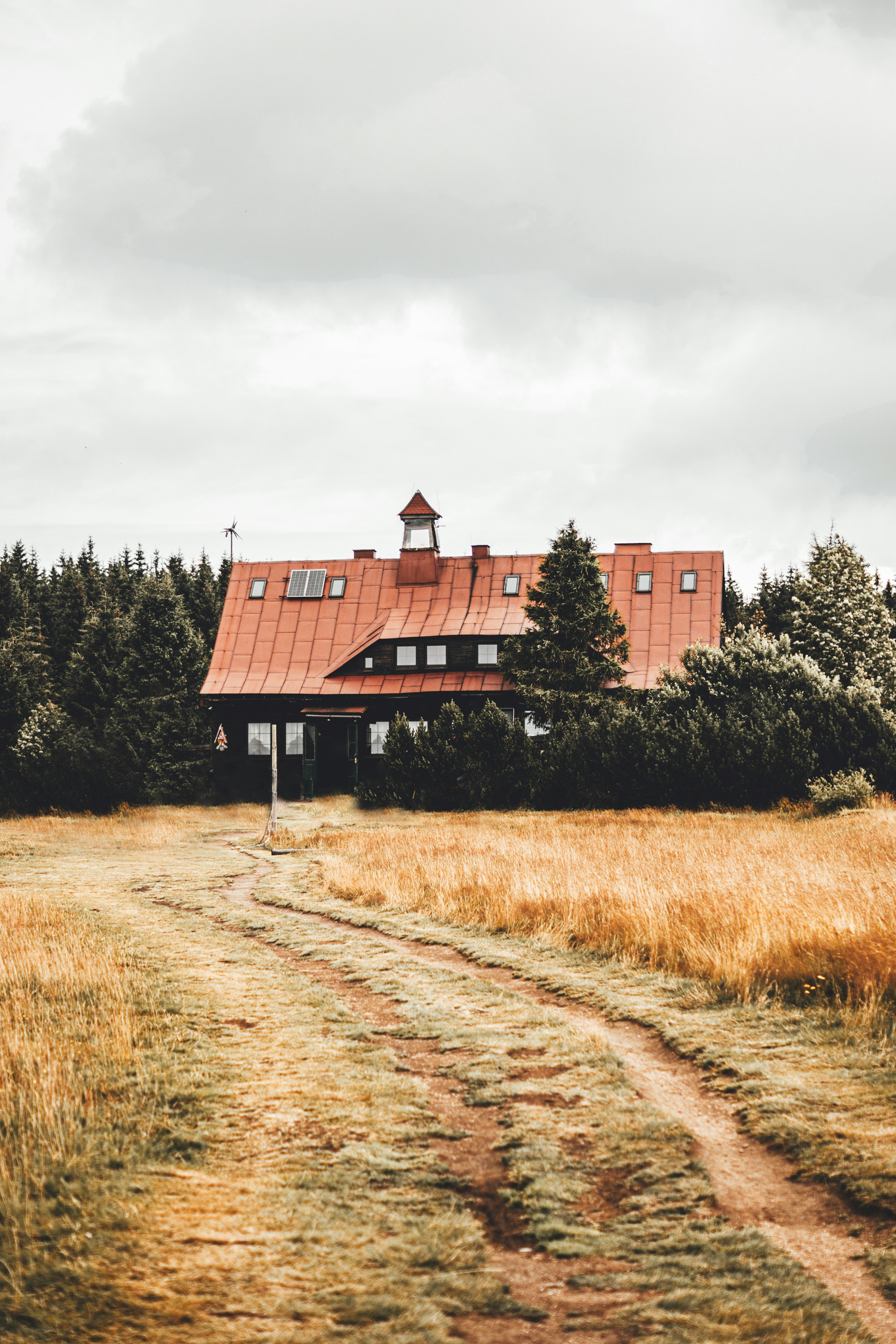 Copper-roofed House Framed by a Winding Field Path