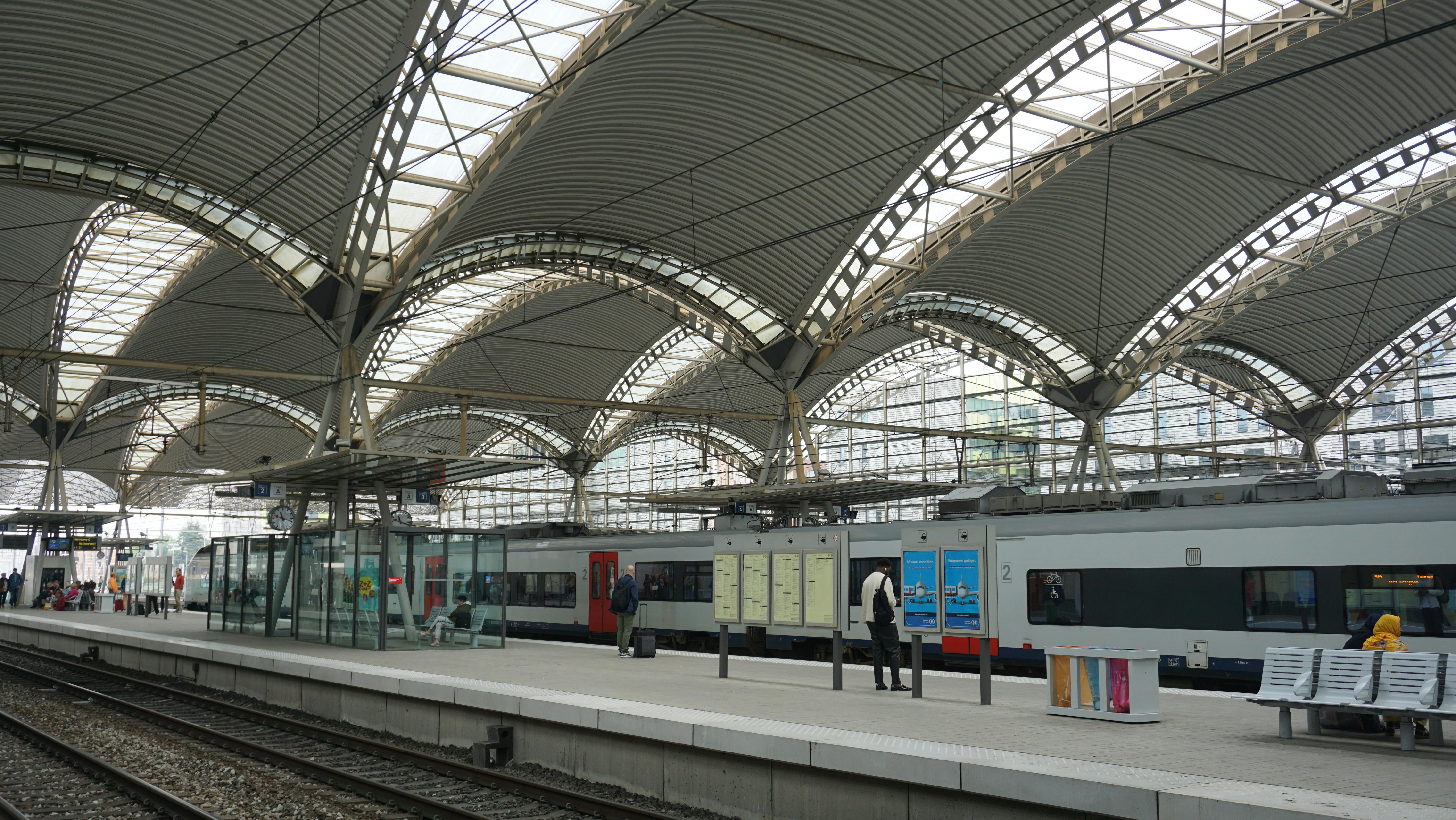 Arched Skies Over a Quiet Platform: Trains at Rest and a Lone Pedestrian