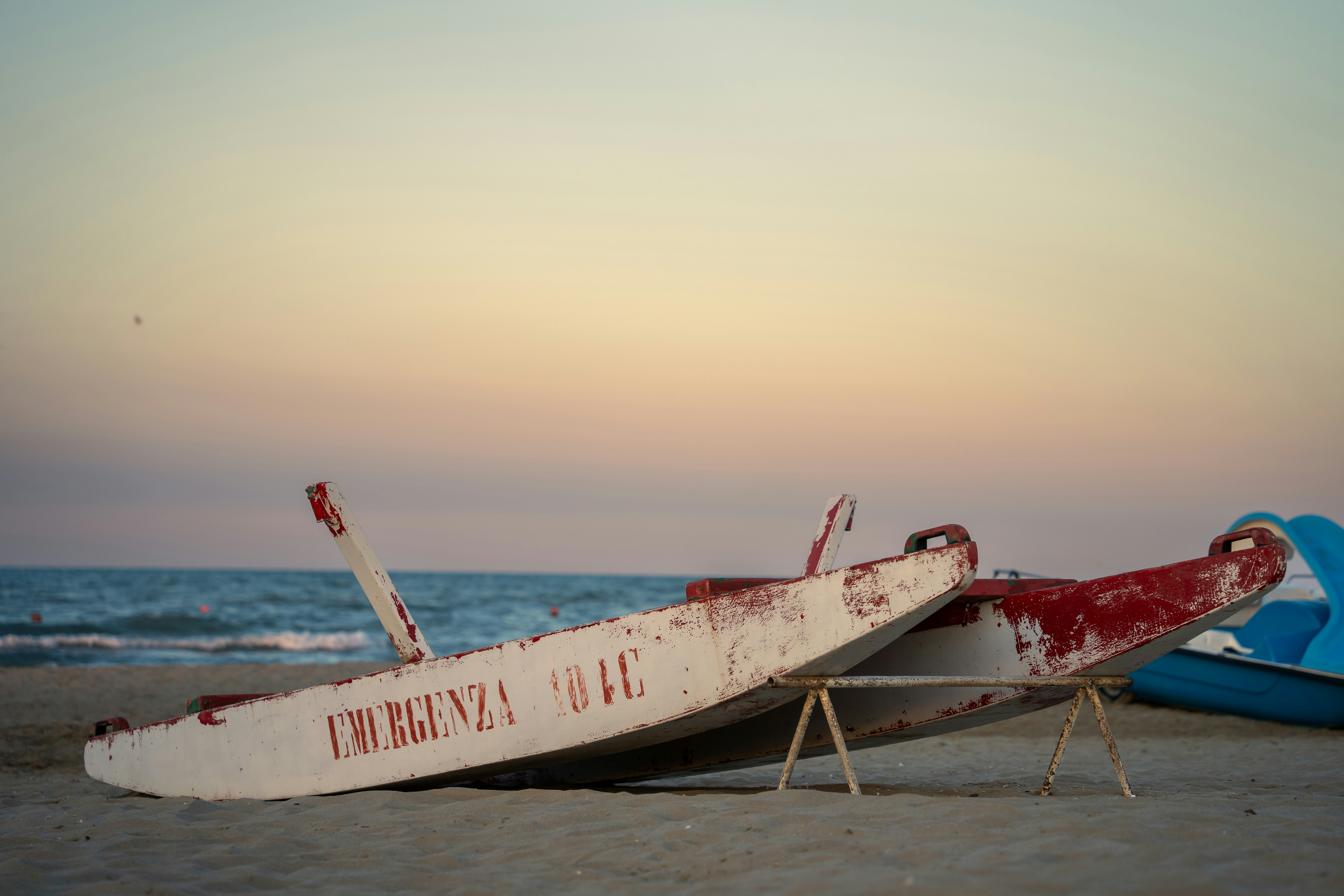 An old italian emergency boat (lifeboat) for an life guard at the beach.