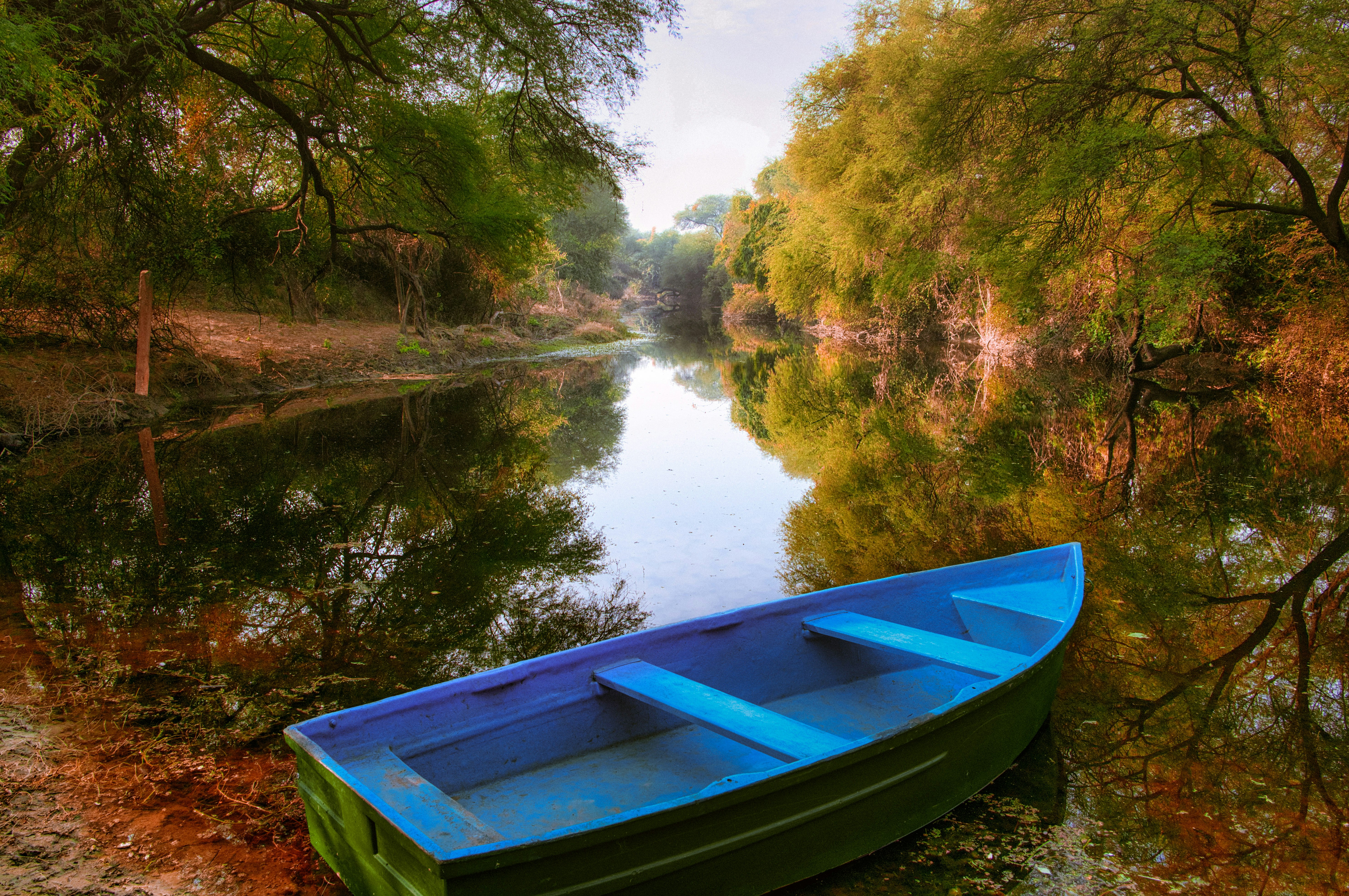 Photograph of a blue rowboat resting at the riverbank, its vivid hue contrasting with the autumn forest. Calm water mirrors the trees, amplifying the scene's serenity.