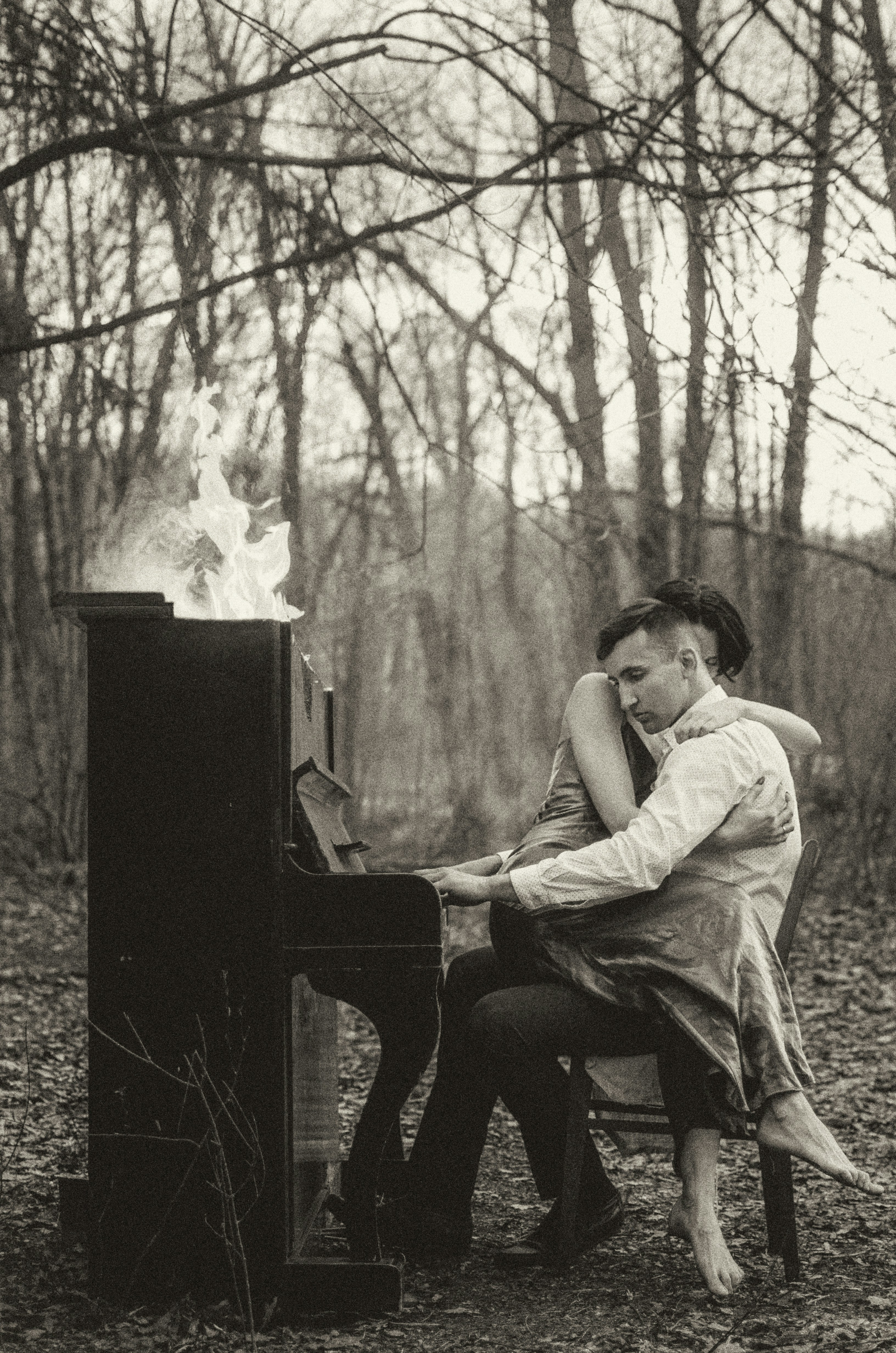Embrace by the Flame: A Quiet duet at the Piano in the Woods