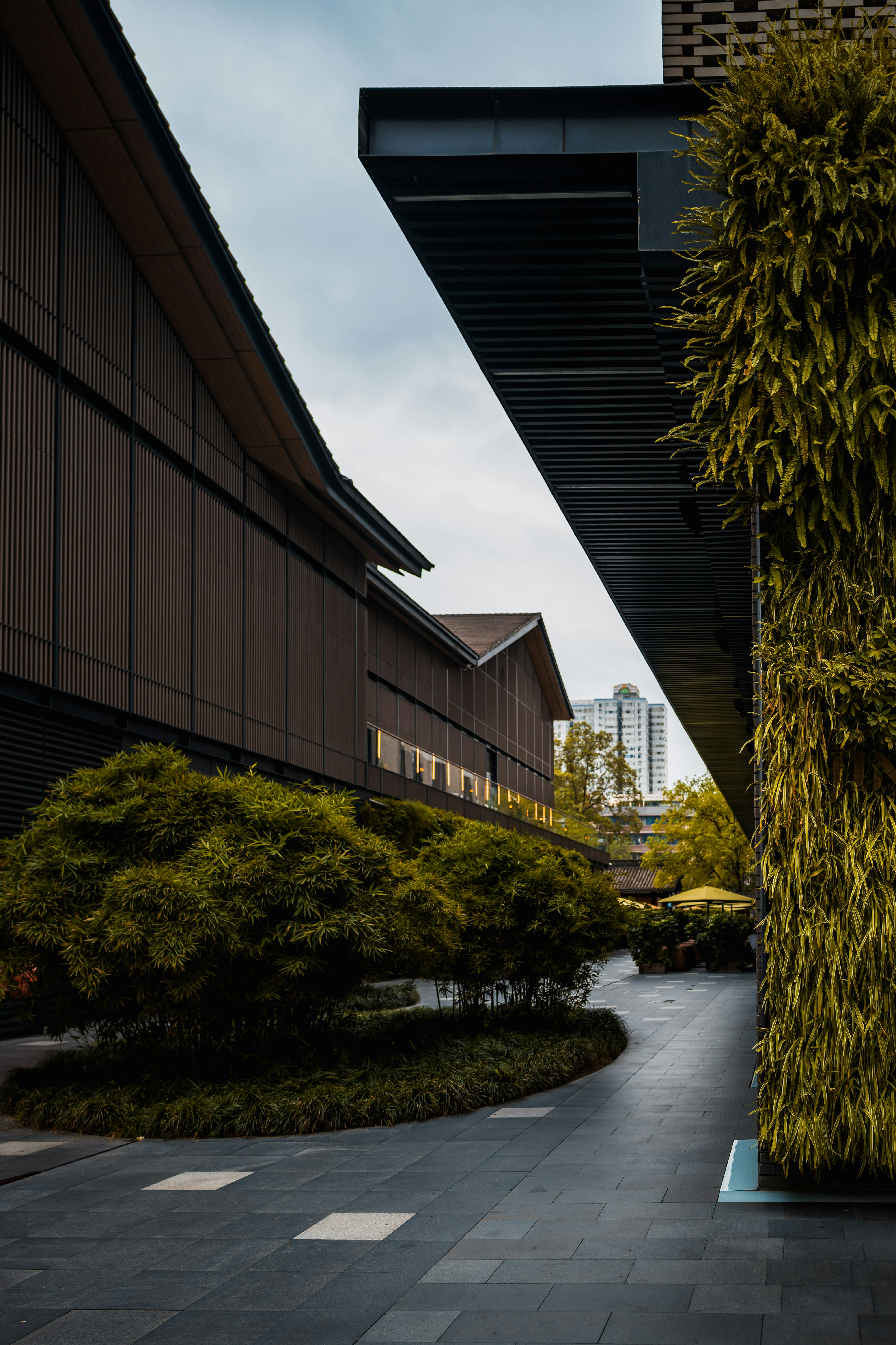 A walkway between two buildings with a clock tower in the background ...
