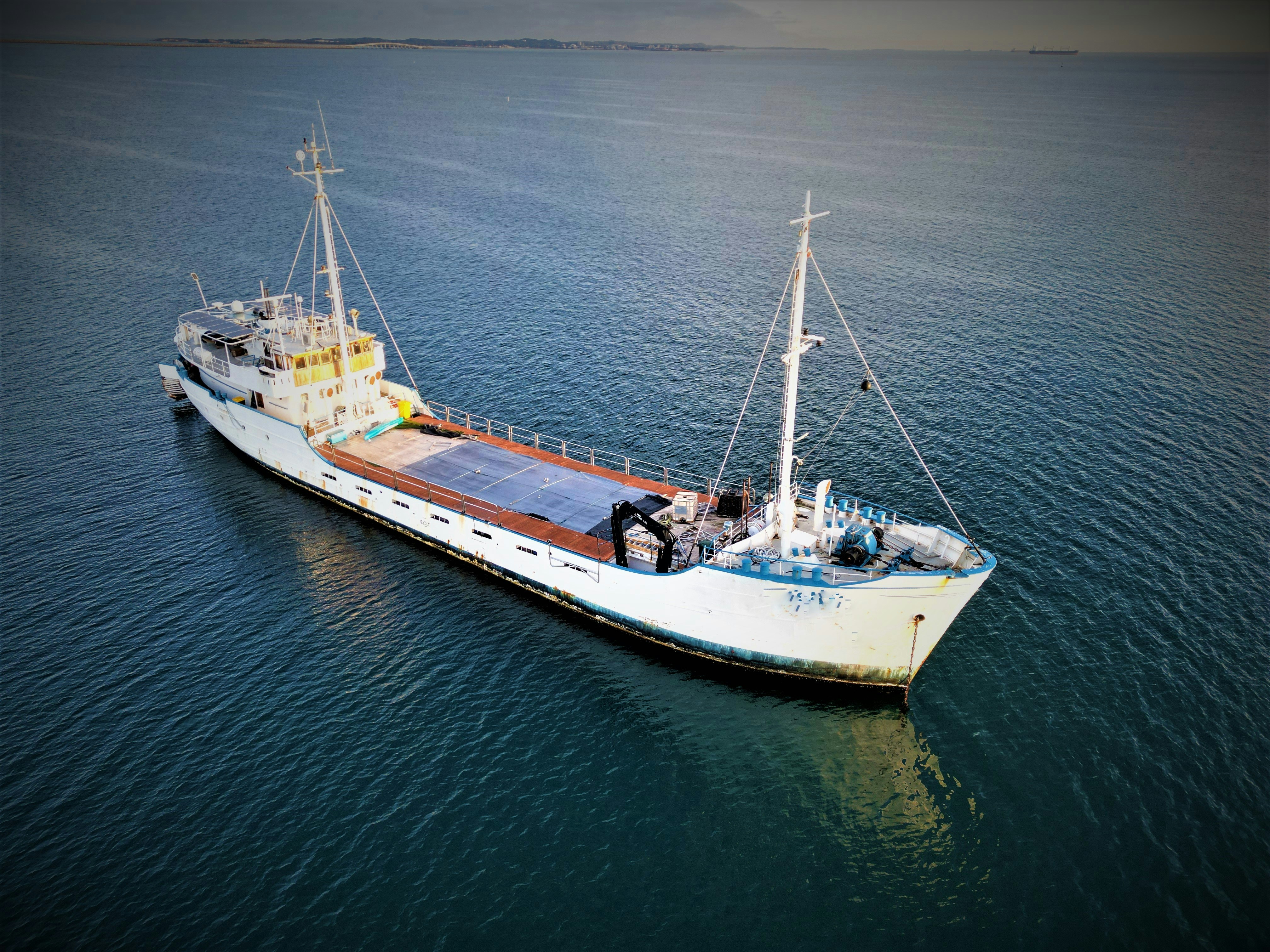 Diagonal Freighter Slice: Aerial Portrait of a Cargo Ship on Calm Blue Waters