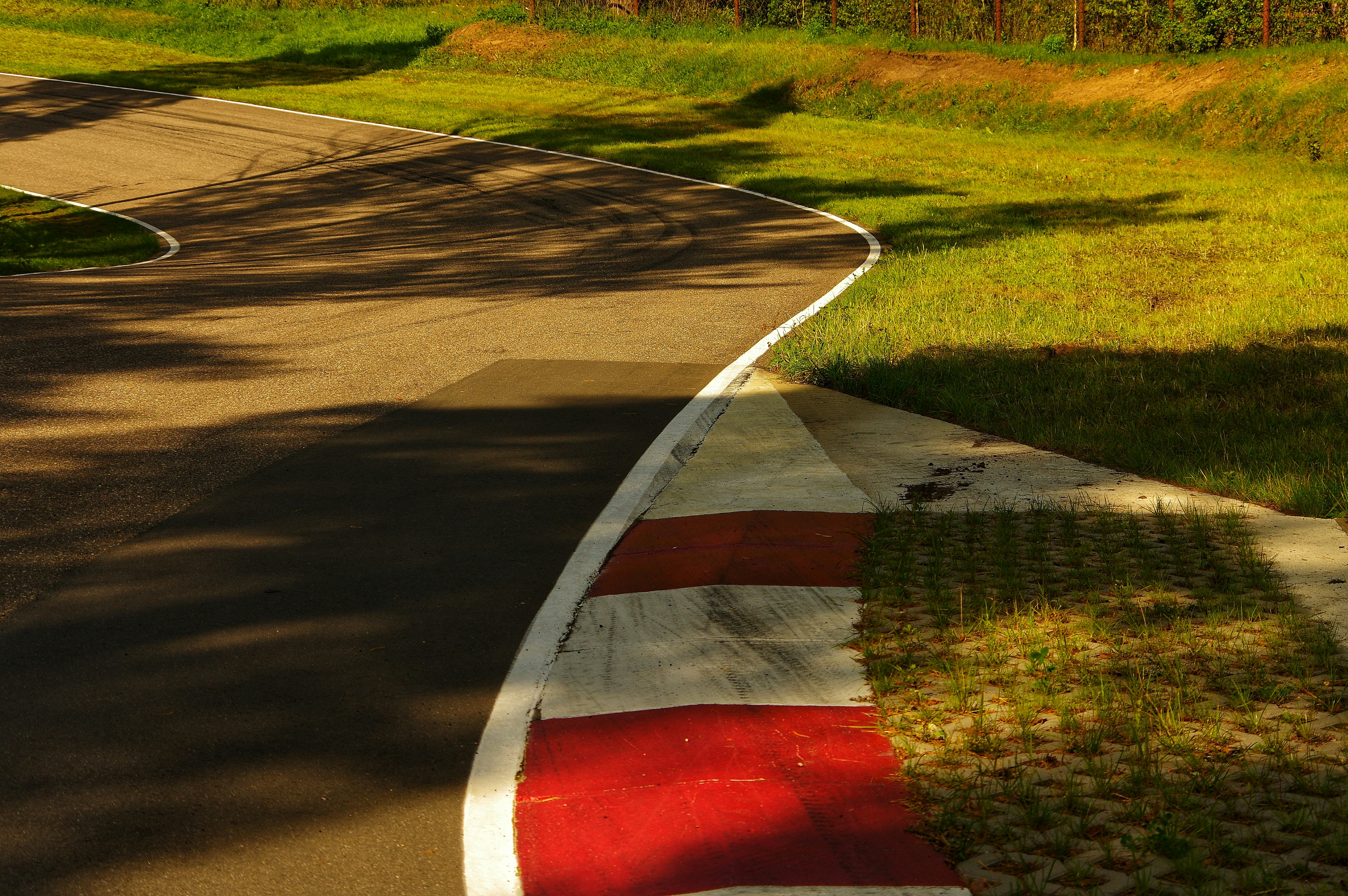 Sunlit Turn: Red-and-White Curb Tracing a Quiet Curve