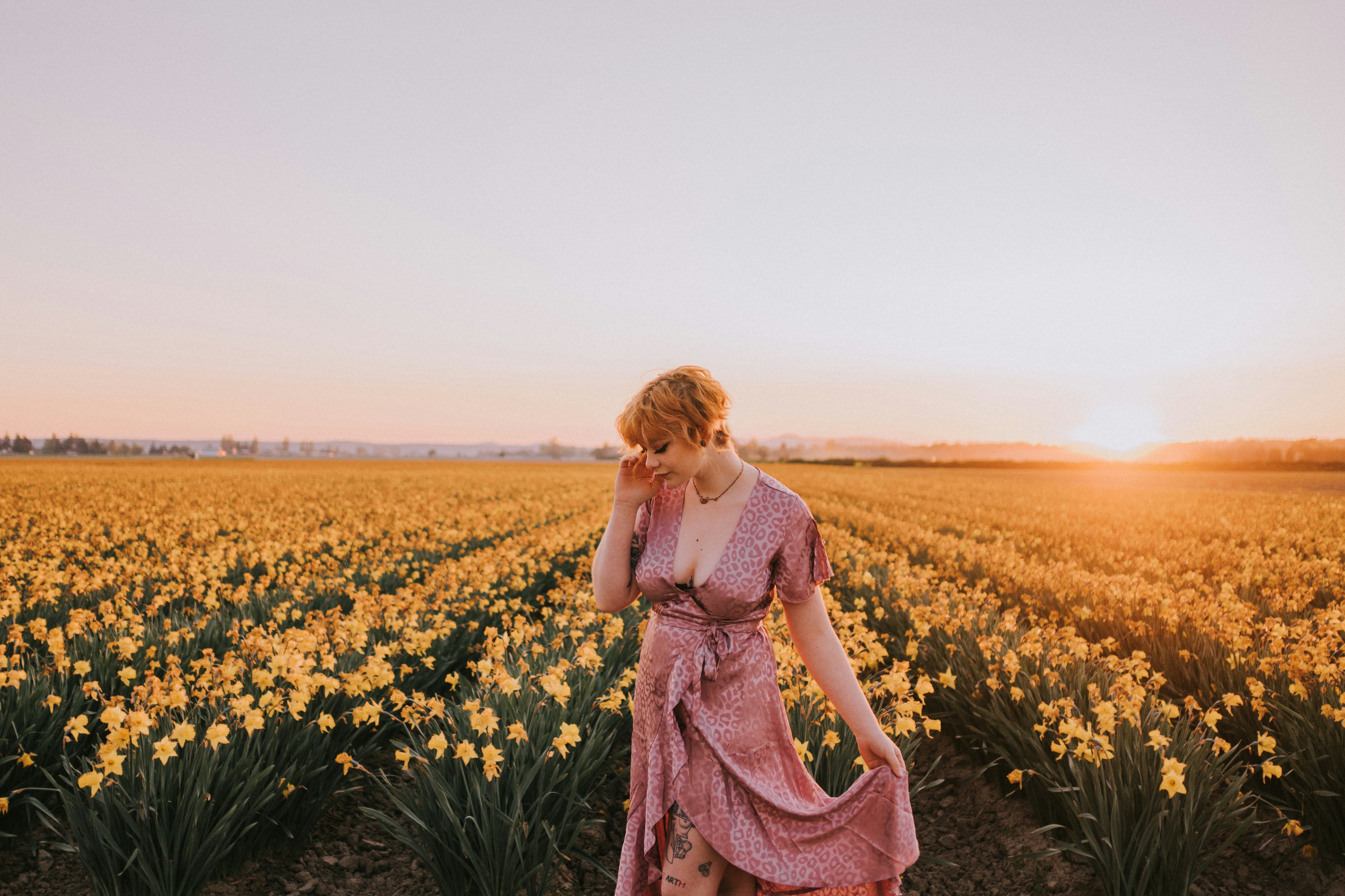 Sunlit Meadow Daydream: A Lavender Dress in a Blooming Field