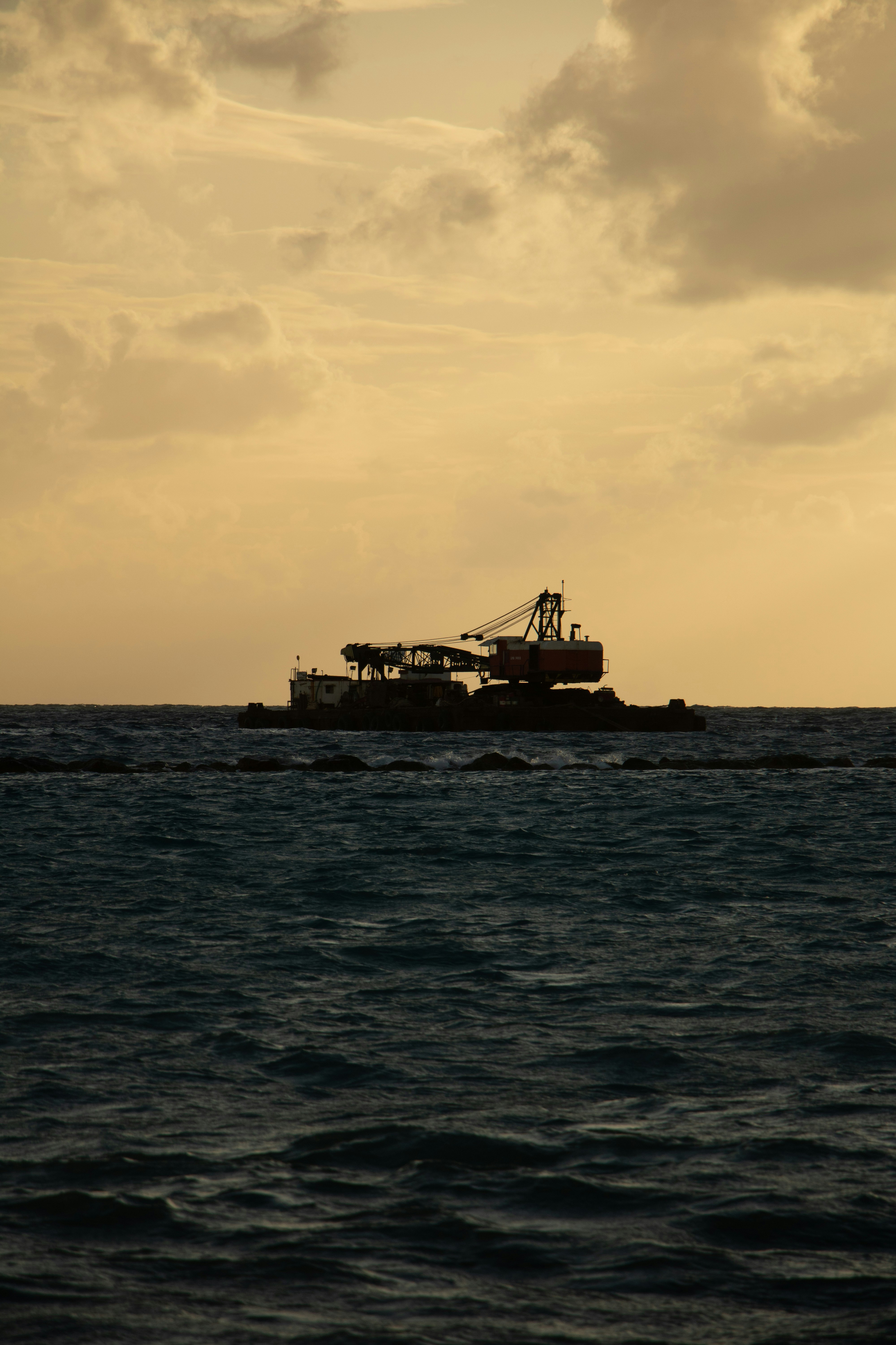 Crane Silhouette at Golden Hour over a Quiet Sea