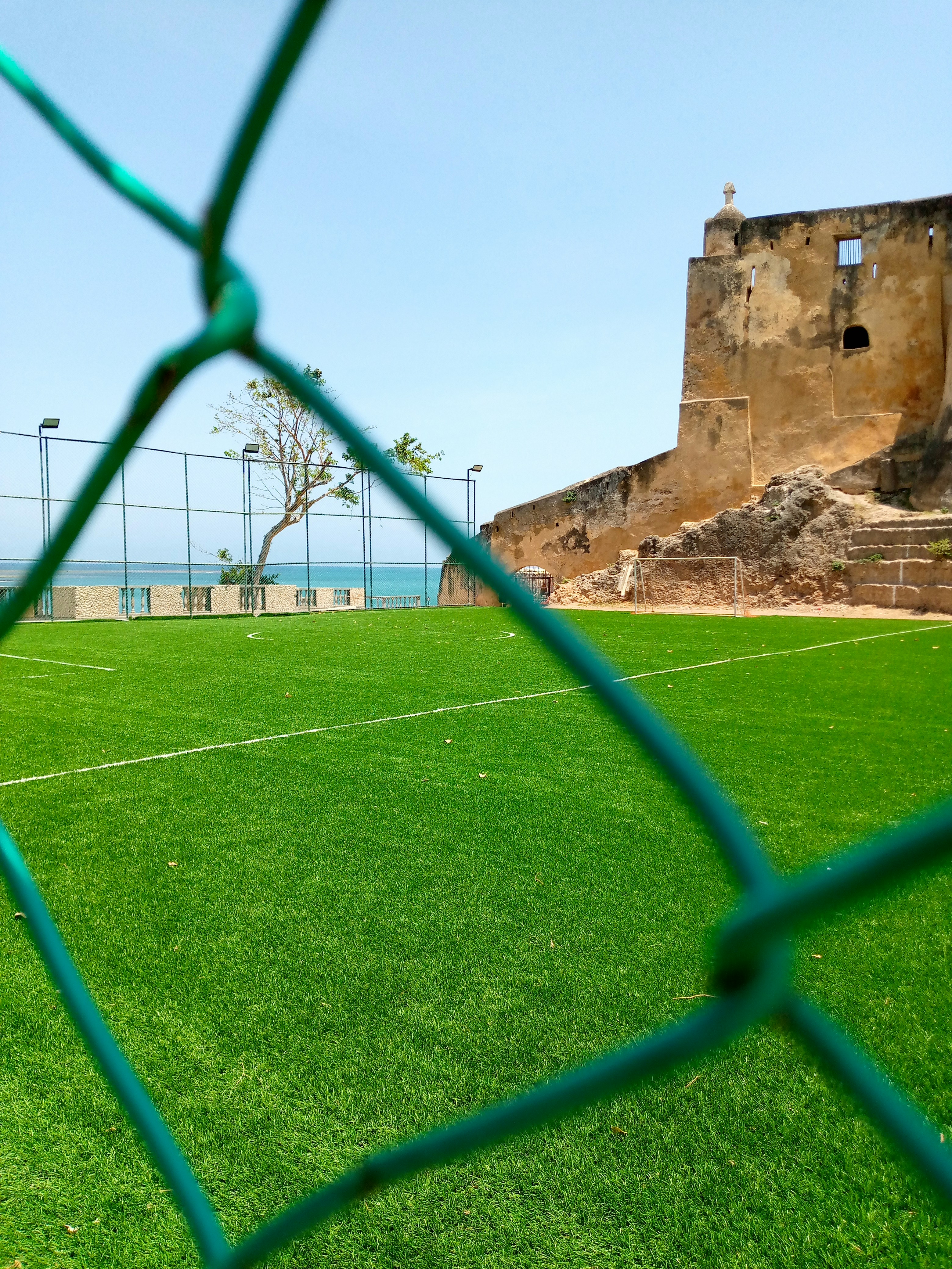 Ruin at the Edge: Verdant Pitch Framed by a Coastal Fence