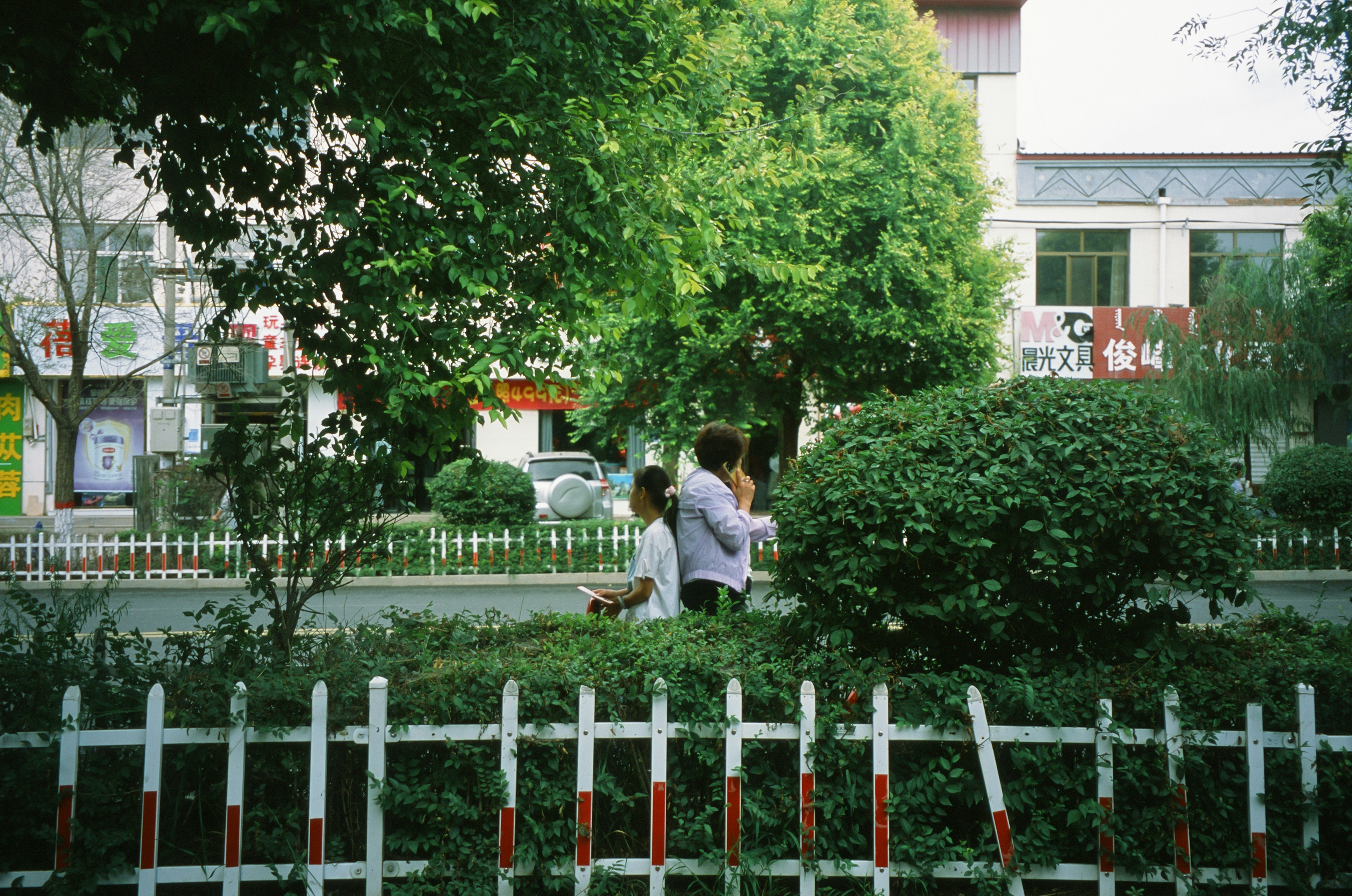 Candid photograph of a couple strolling along a city street, framed by a white picket fence and lush greenery.