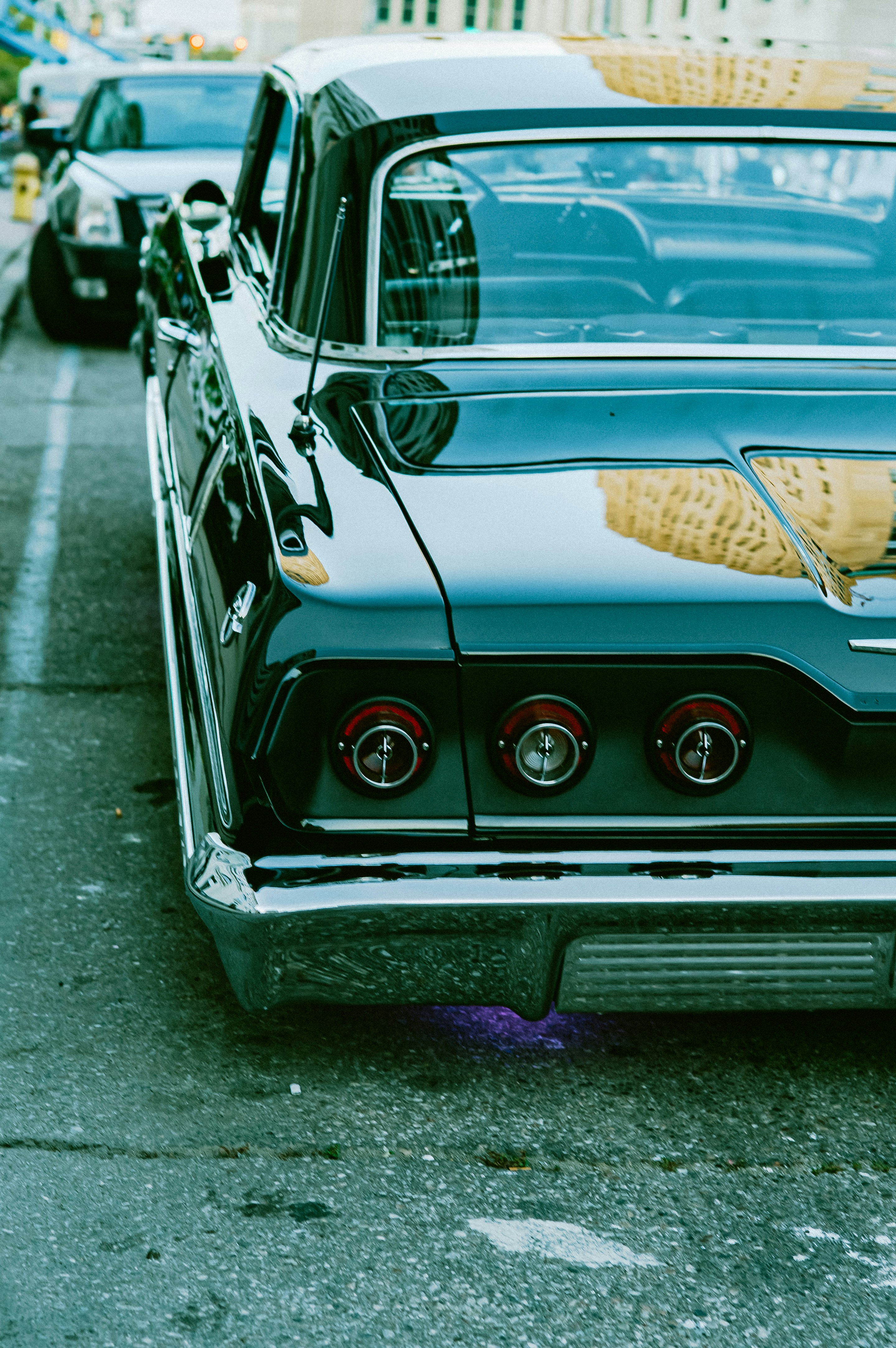 Rear view of a vintage black car showcasing its sleek lines and distinctive tail lights. The urban backdrop adds a modern contrast to its classic design.