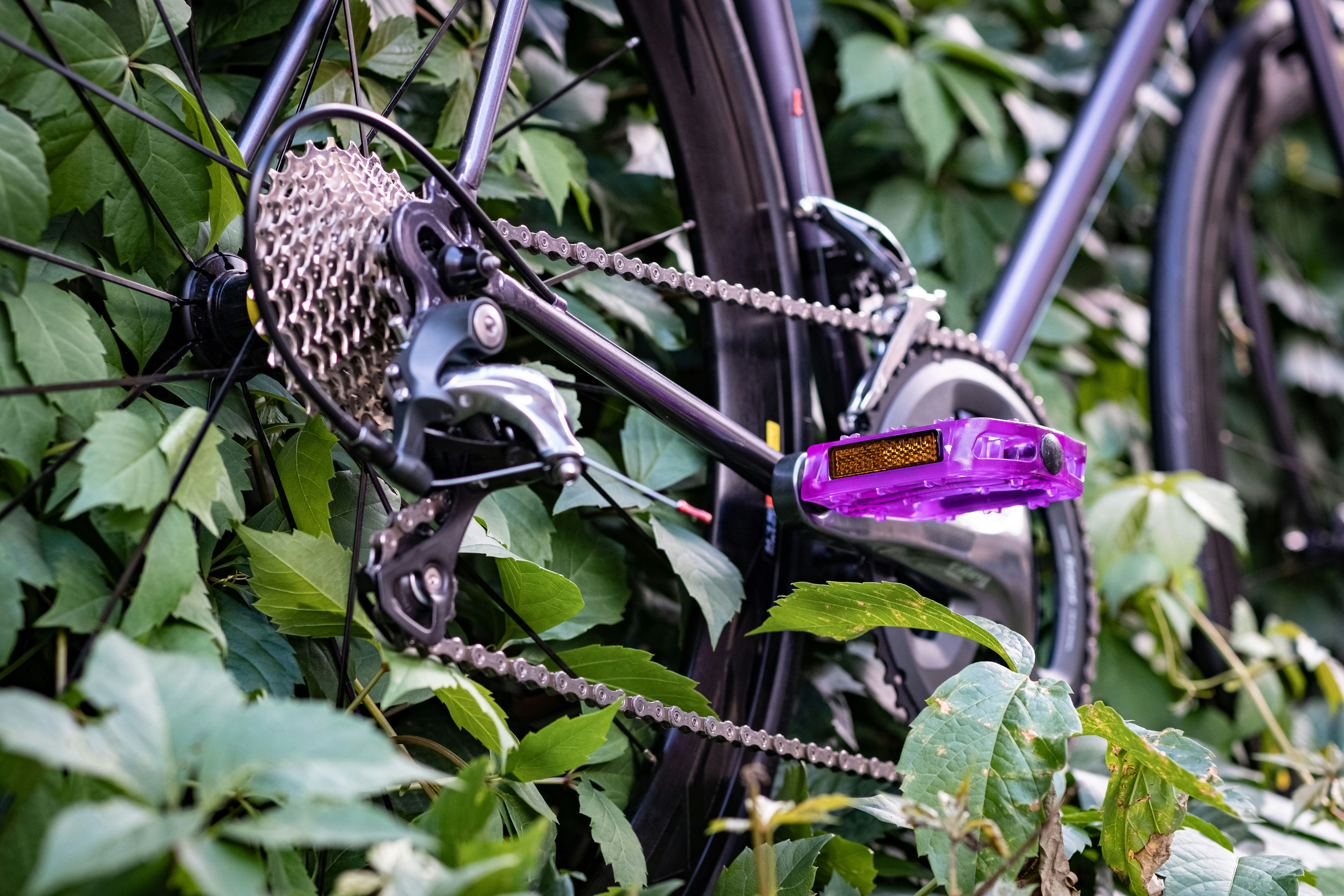 Violet Pedal Anchored in a Green Vignette: A Close-Up of a Bicycle Drivetrain