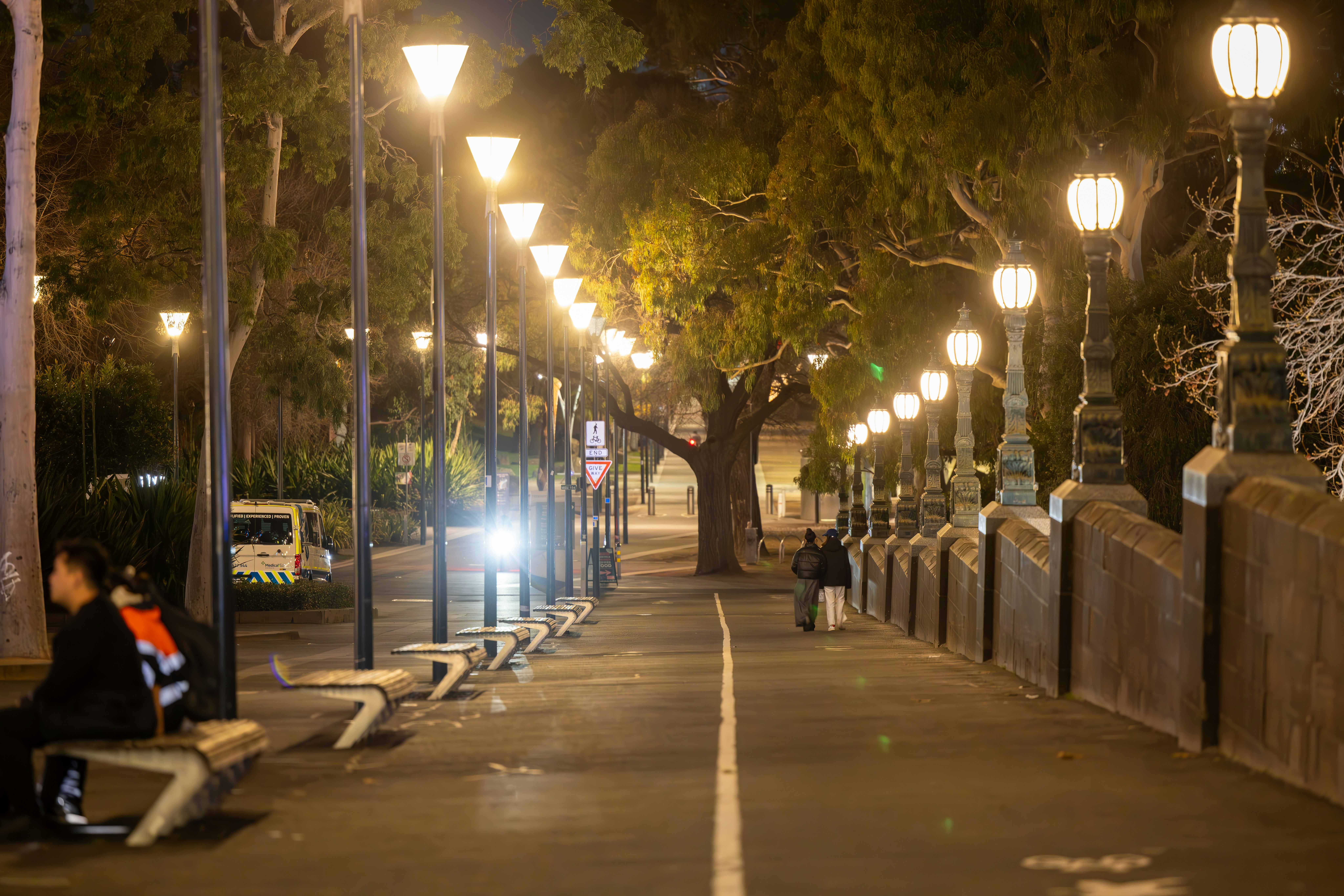Lantern-Lined Promenade: Night Walk Toward the Quiet Horizon