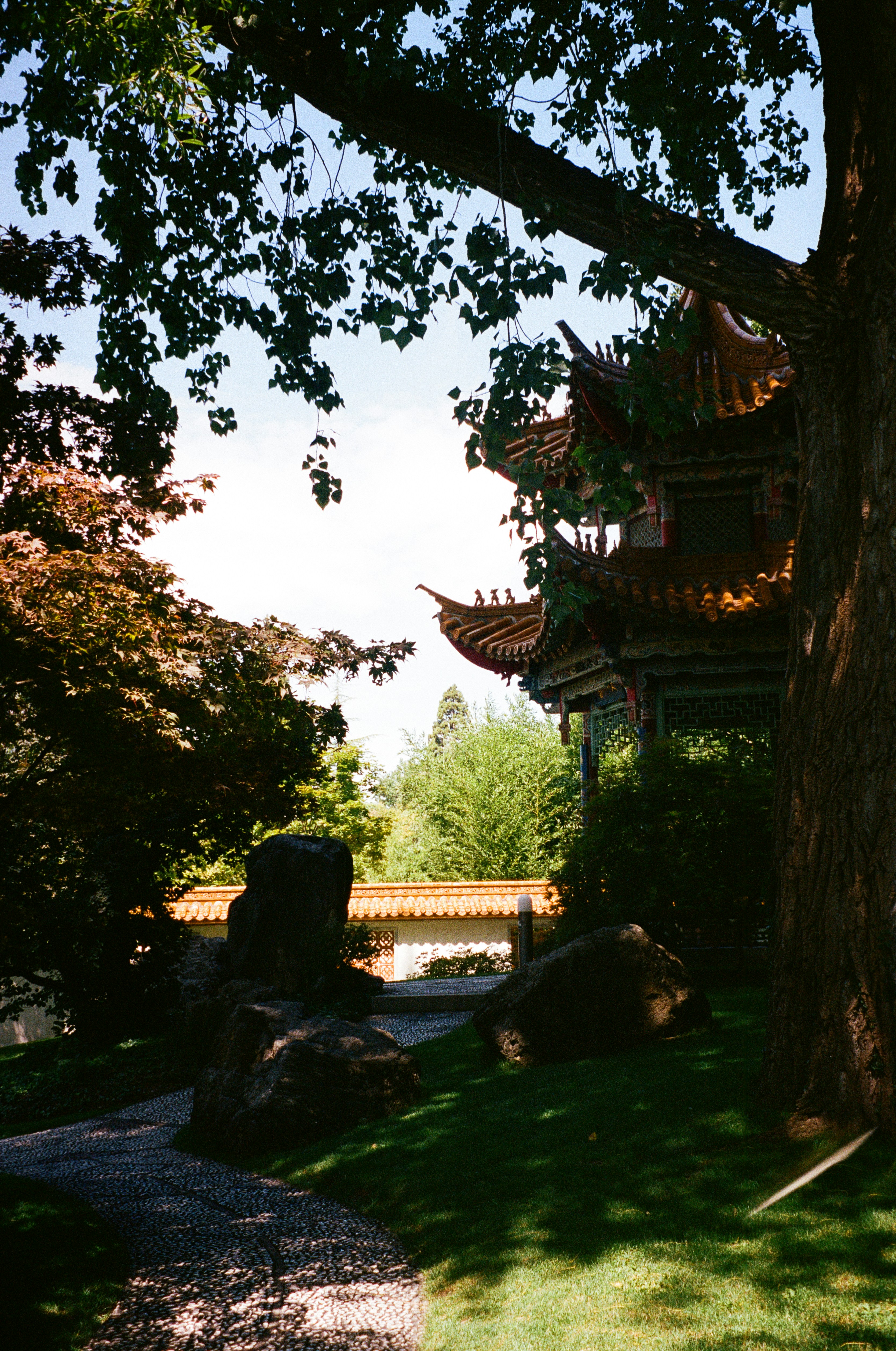 A photograph capturing a traditional Chinese pagoda tucked among trees and rocks in a tranquil garden. A gravel path meanders toward the structure, framed by lush foliage and soft daylight.