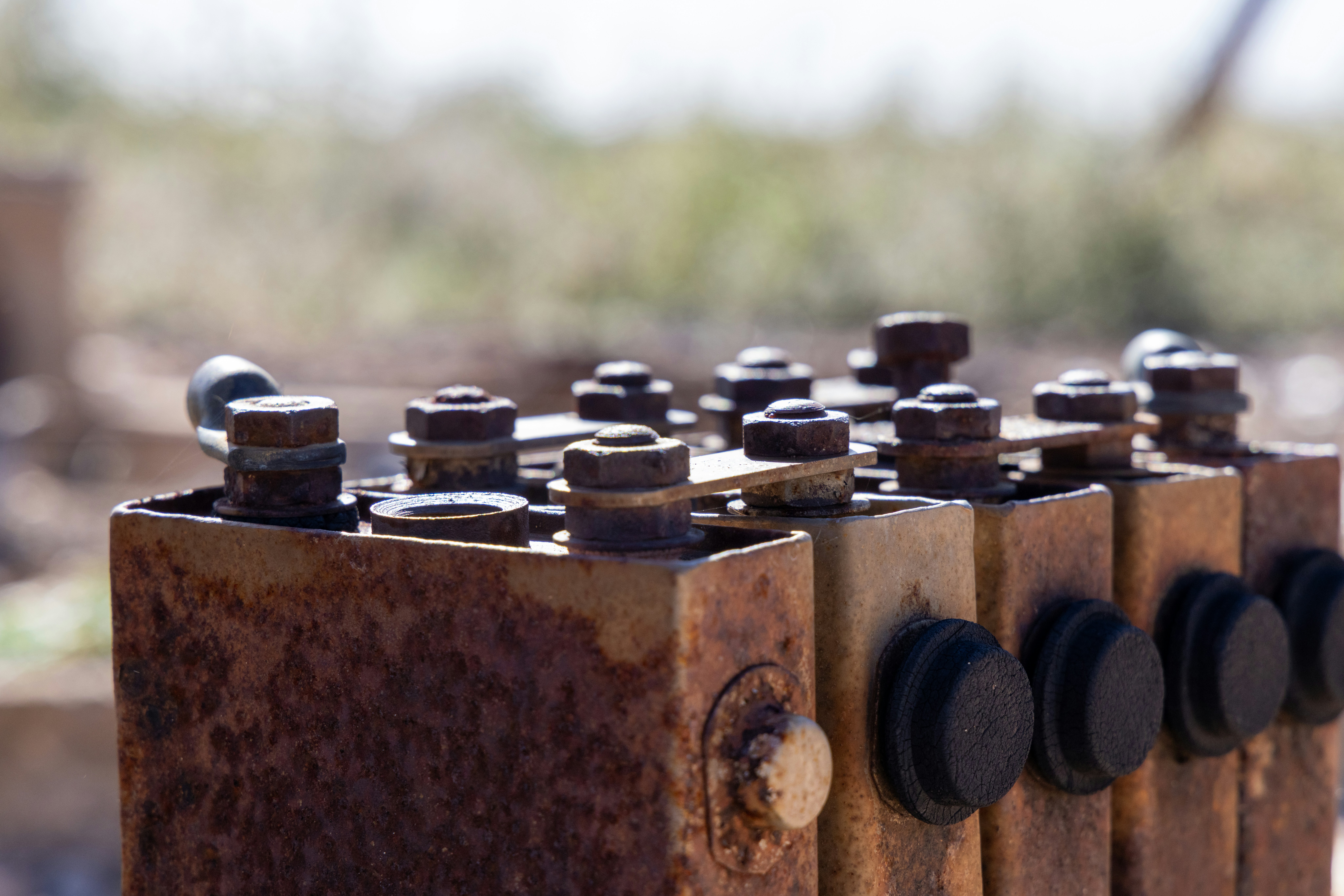 Weathered Row: Close-Up of Rusted Bolts and Patina