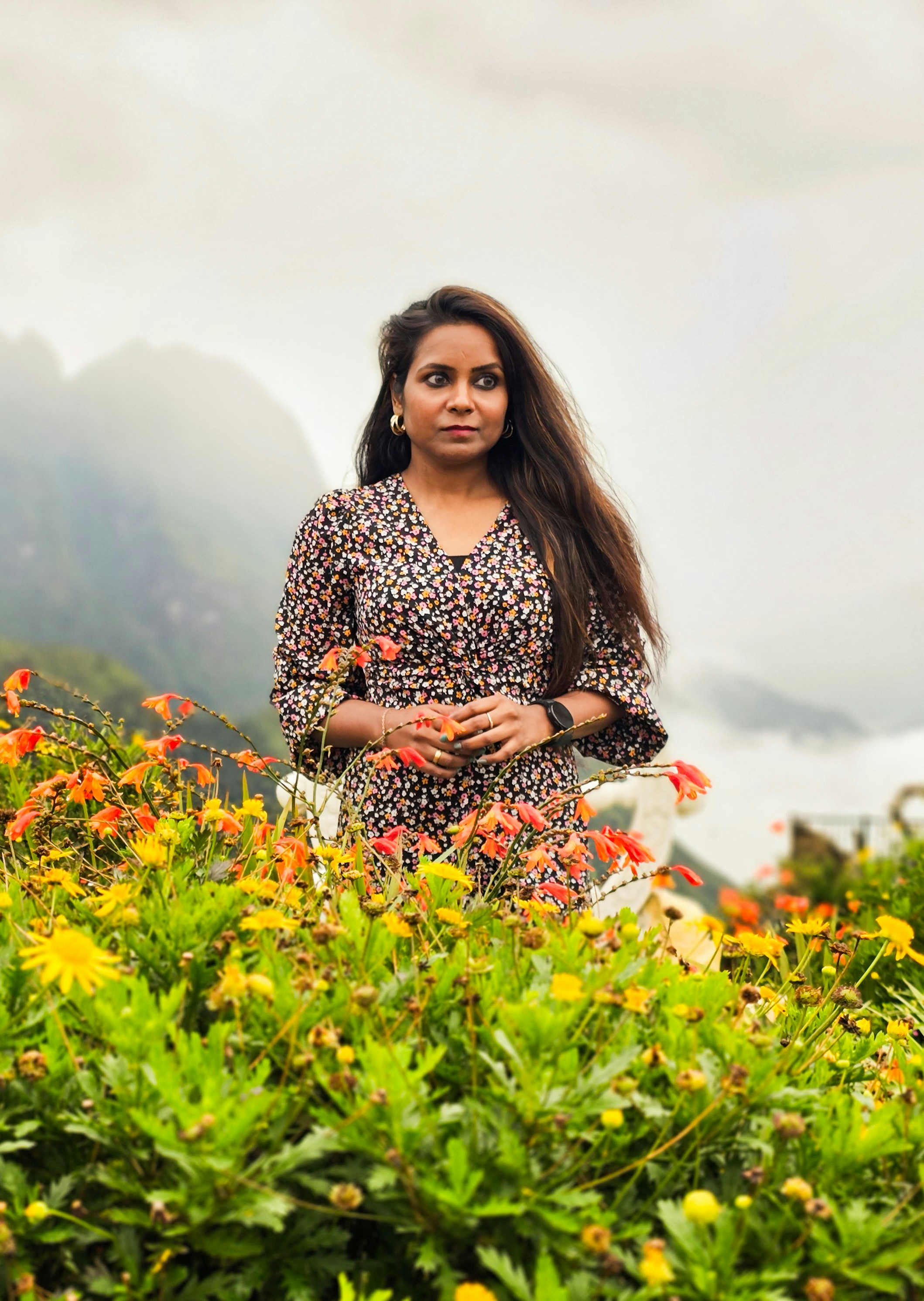Portrait in a Veiled Meadow Among Fireflower Blooms