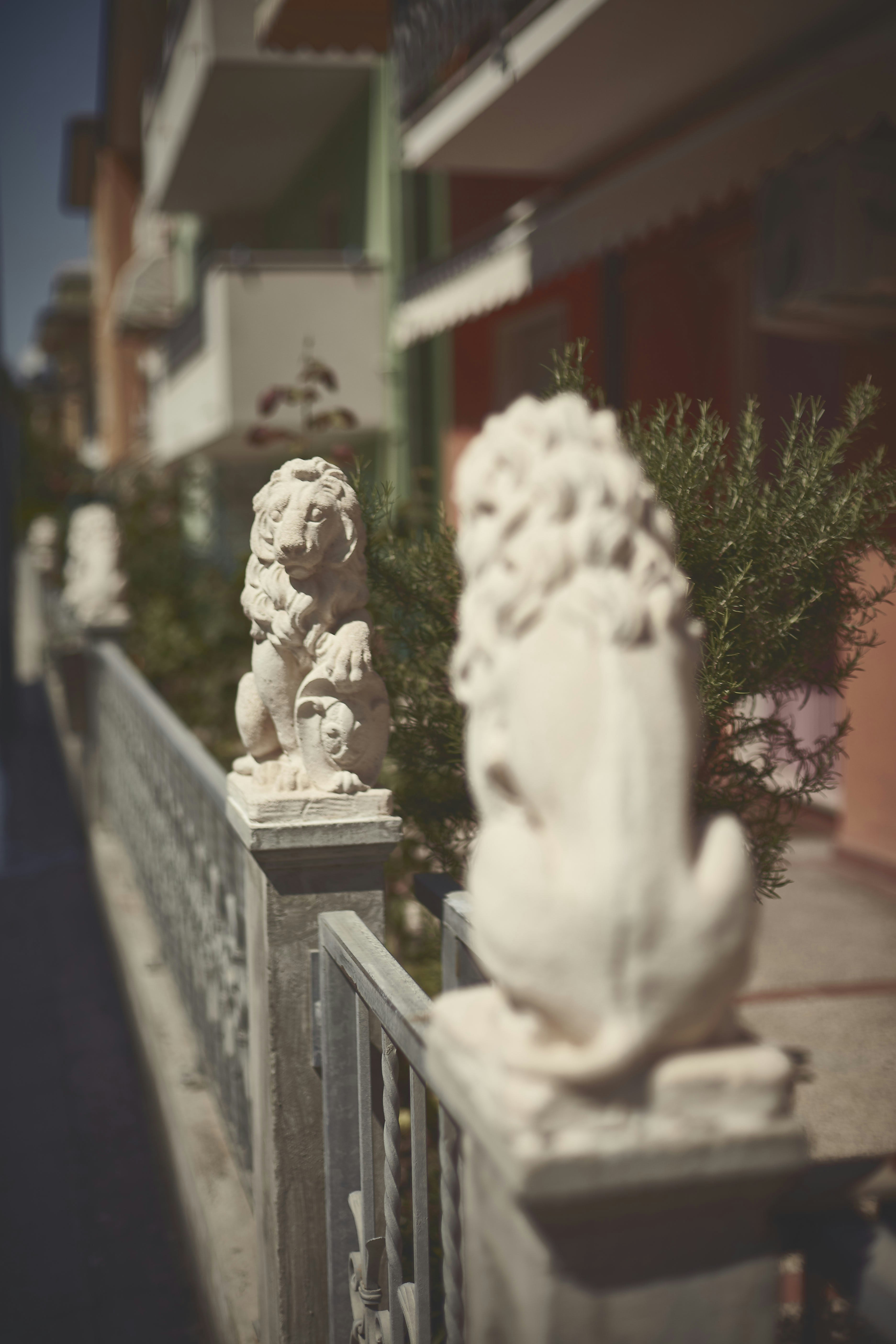 Stone Lion on a Wrought-Iron Railing: Quiet Street in Soft Focus