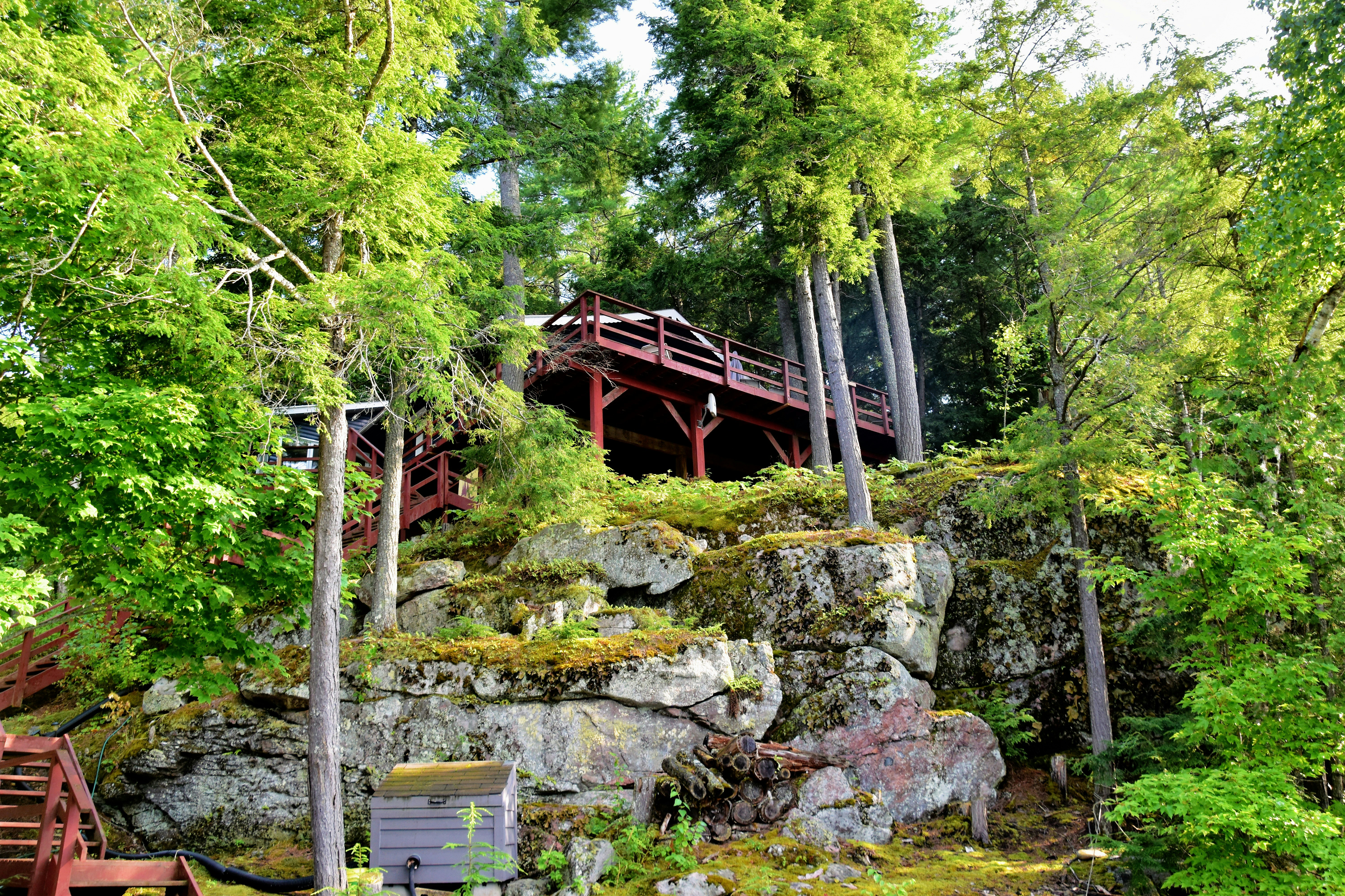 Ridgetop Pavilion Among Mossy Rocks and Pines