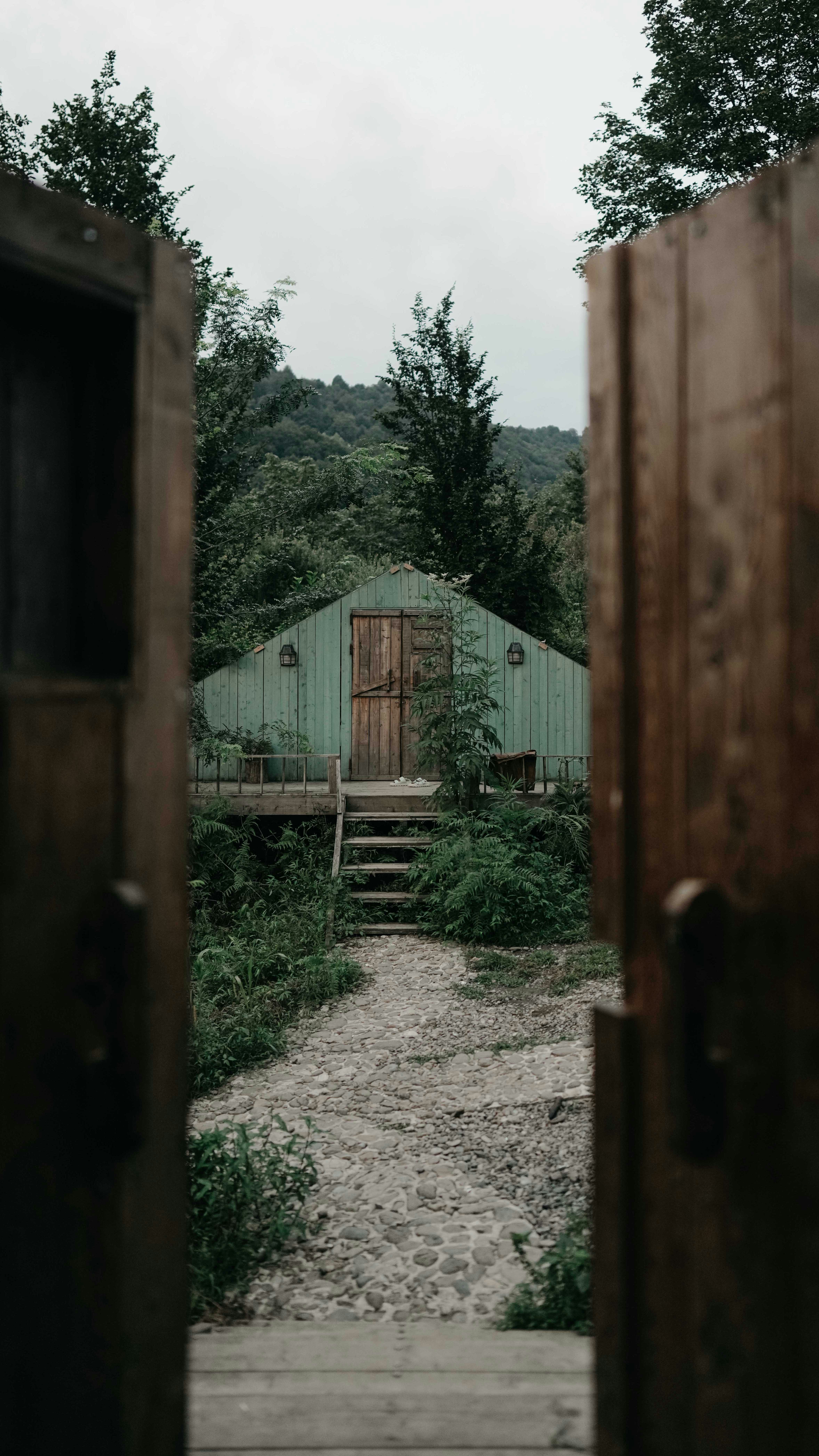 Verdigris Gateways: Framed Path to a Quiet Green Cabin