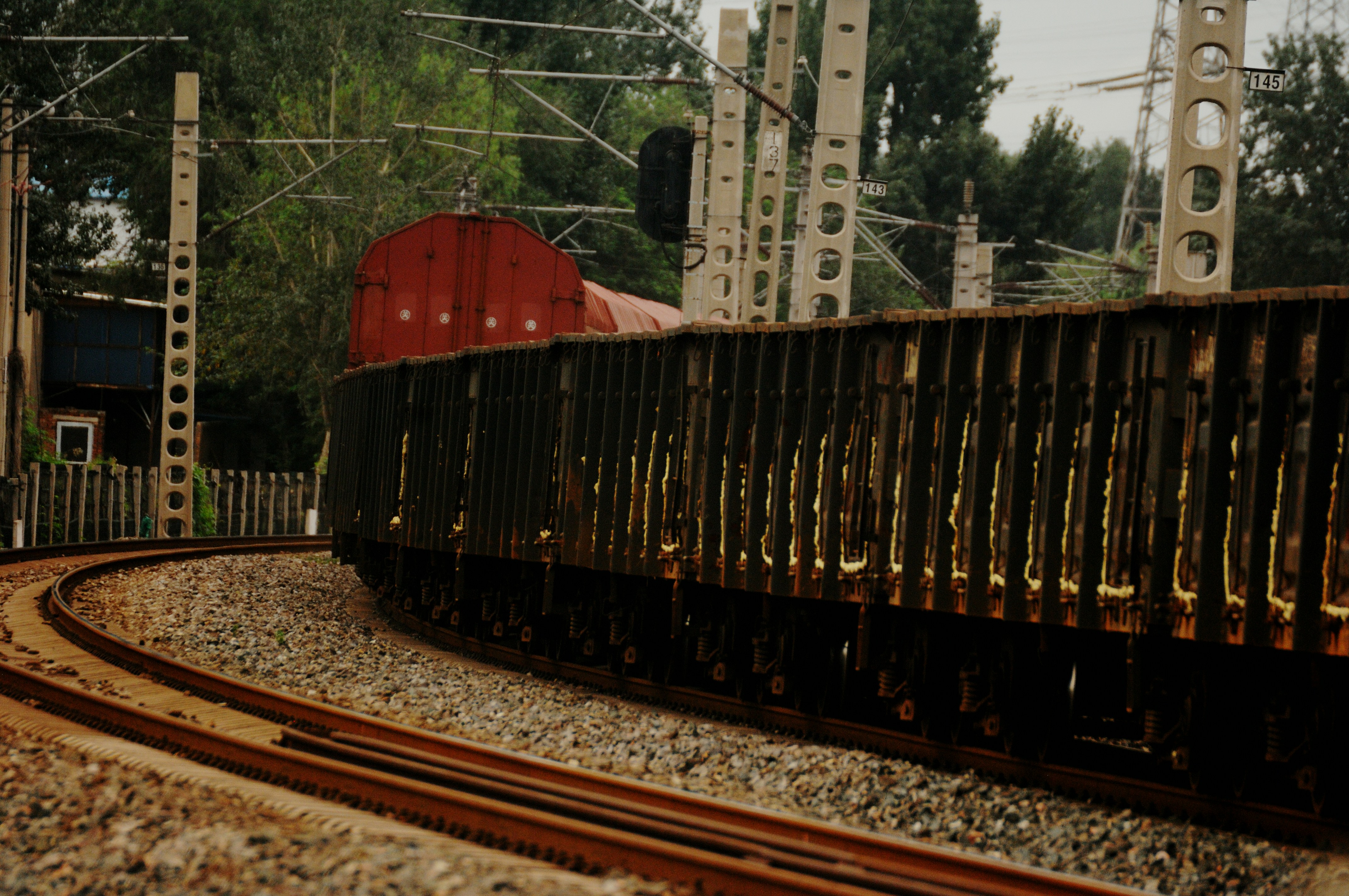 a train traveling down train tracks next to a forest