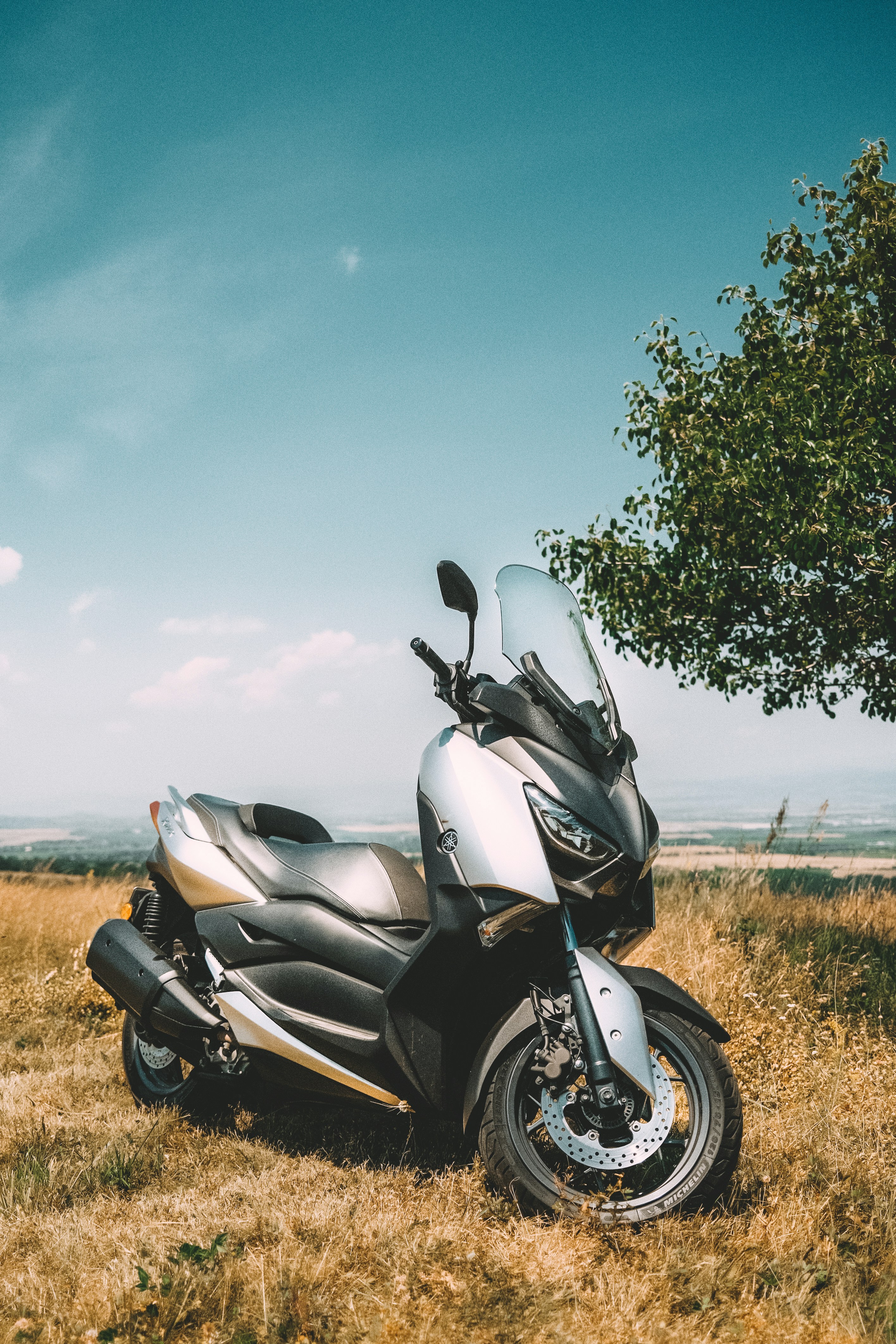 A motorcycle parked in a field with a tree in the background photo ...