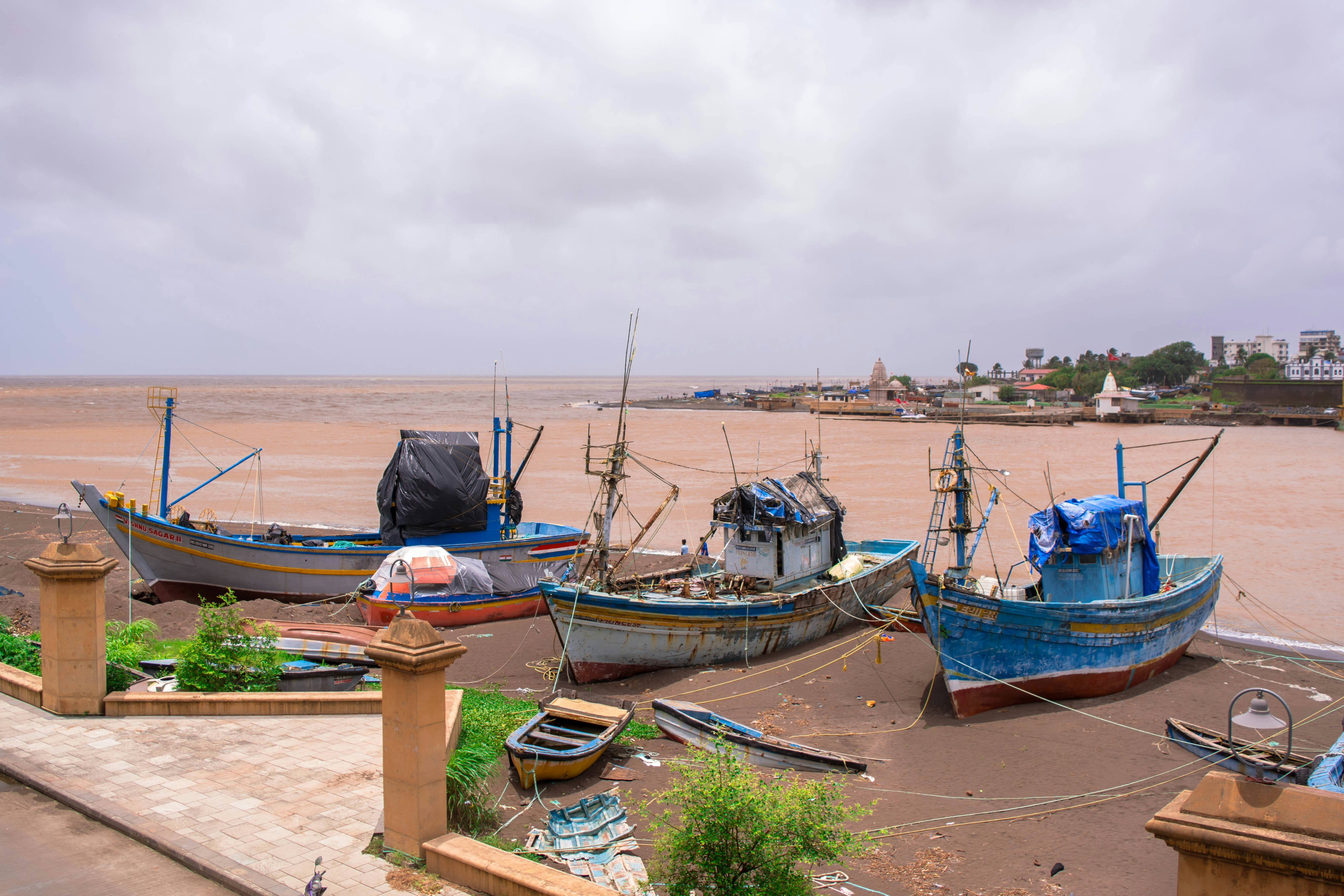 Mud-salted Drift: A Line of Fishing Boats on a Lagoon Shore