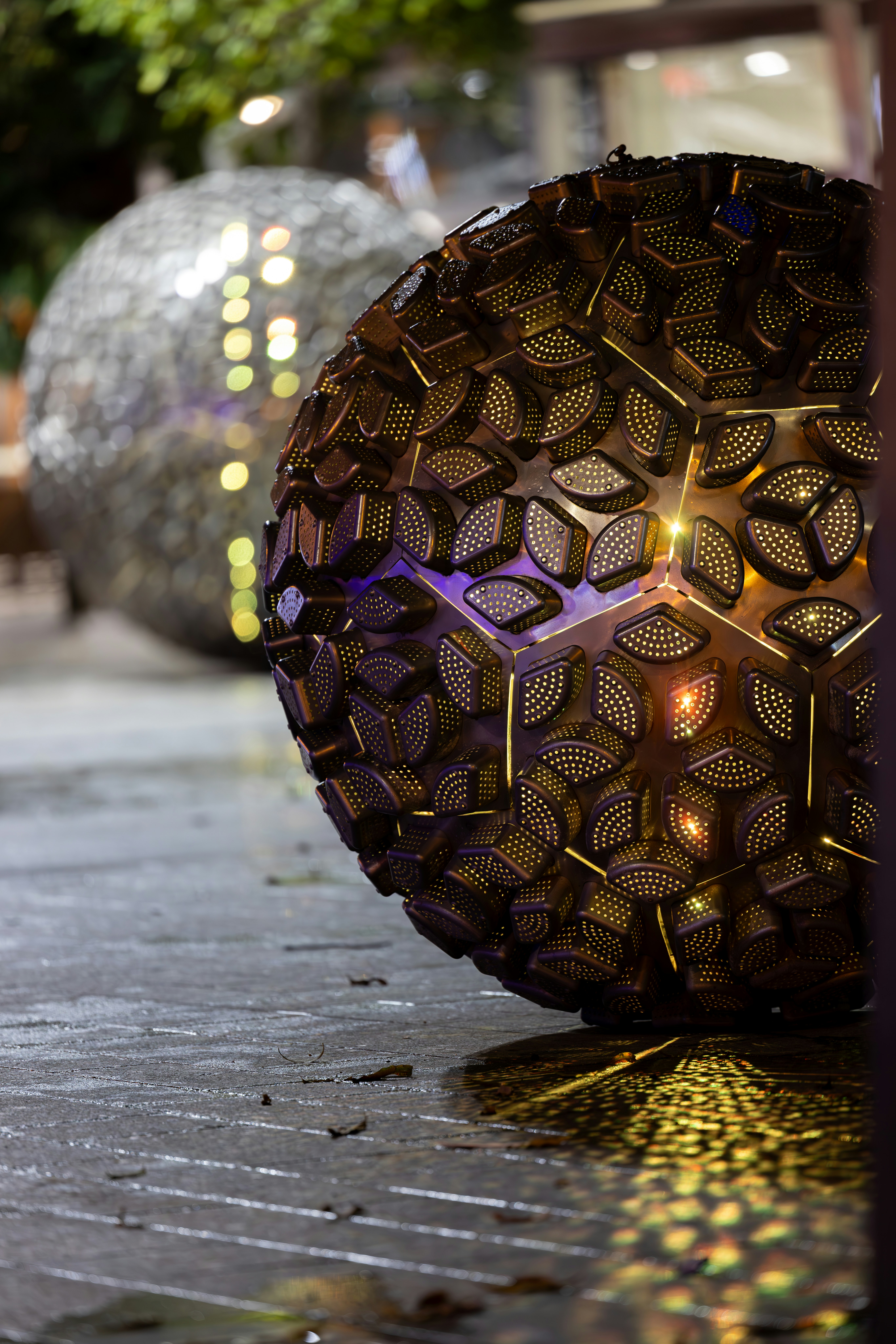 Hexa-Tile Orb: Neon Reflections on a Rain-Wet Street