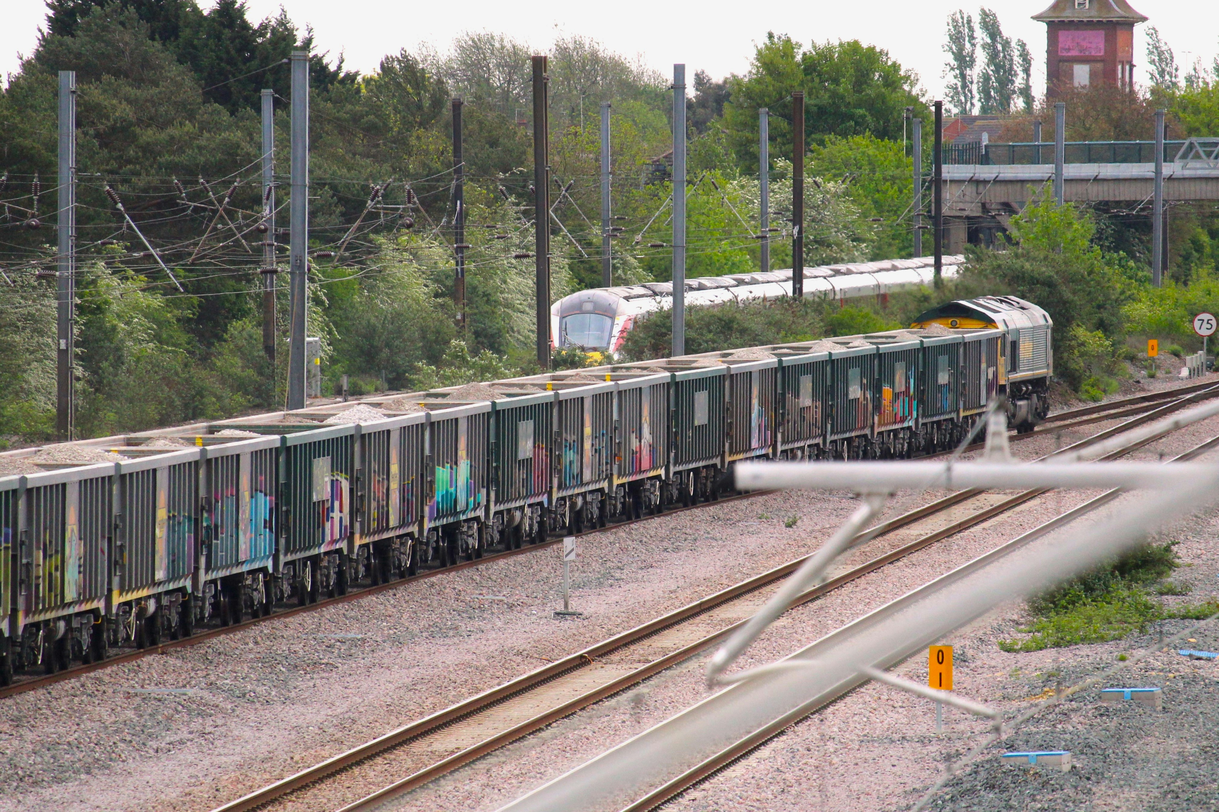 Freight train and passenger train pass each other on parallel tracks surrounded by greenery and power lines.