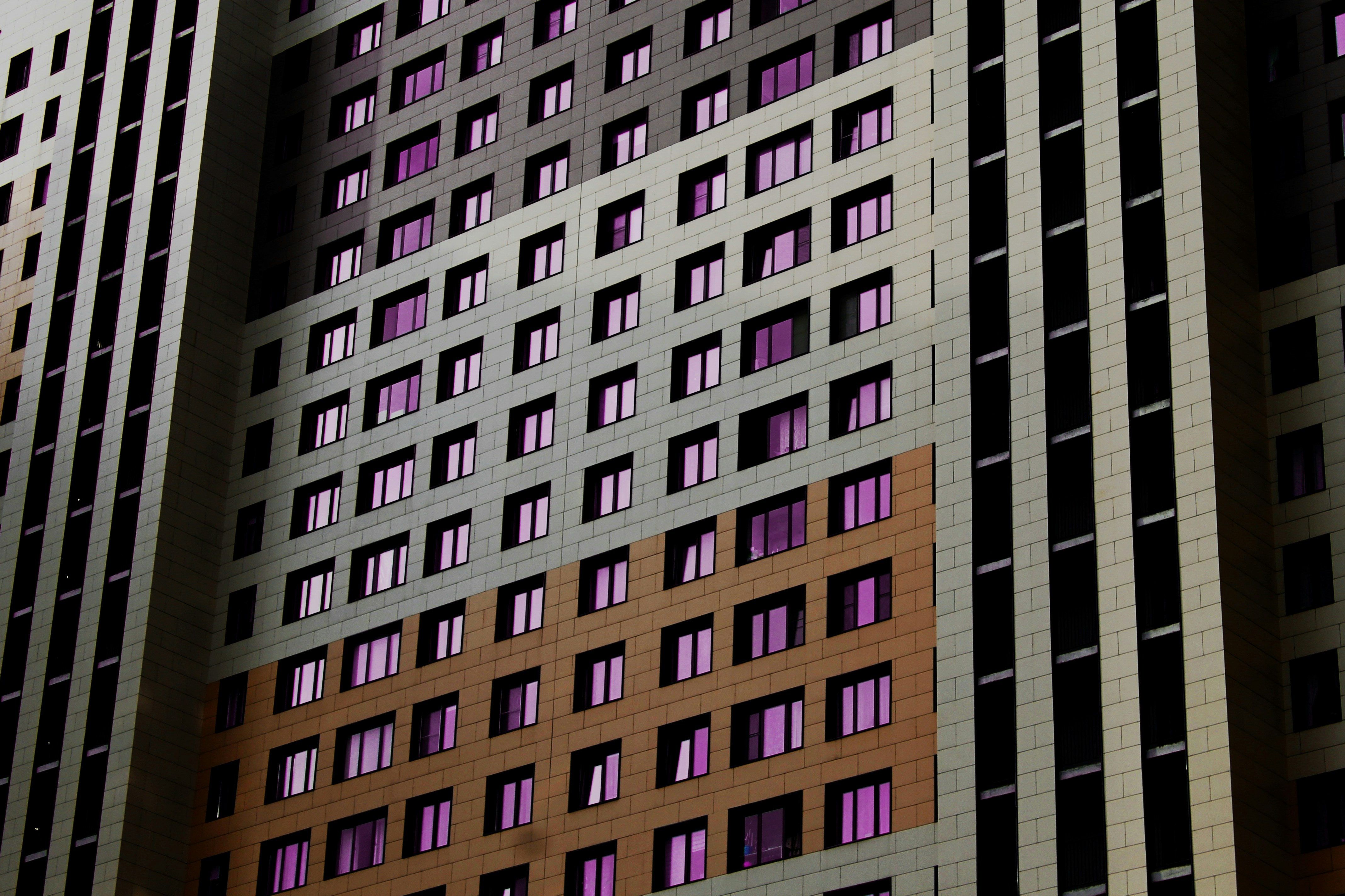 Mauve Windows in a Concrete Mosaic: A Framed Urban Facade
