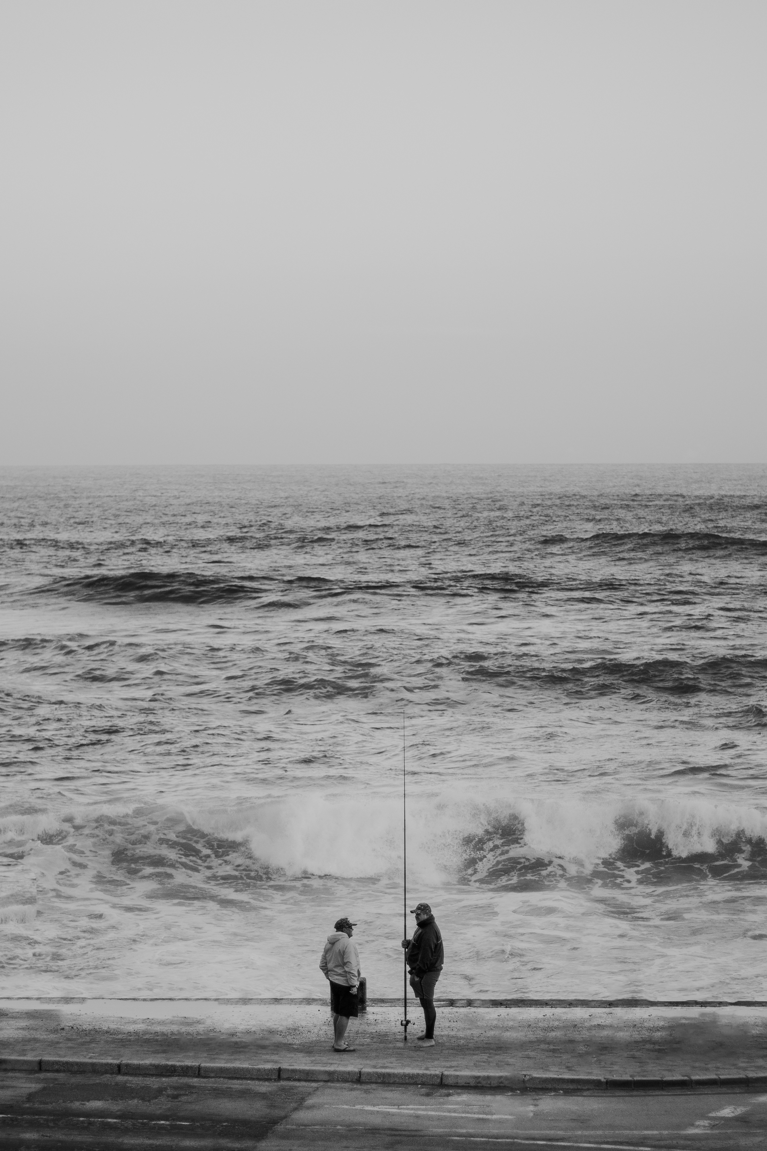 Coastal Exchange: A Pair by the Sea with a Tall Rod