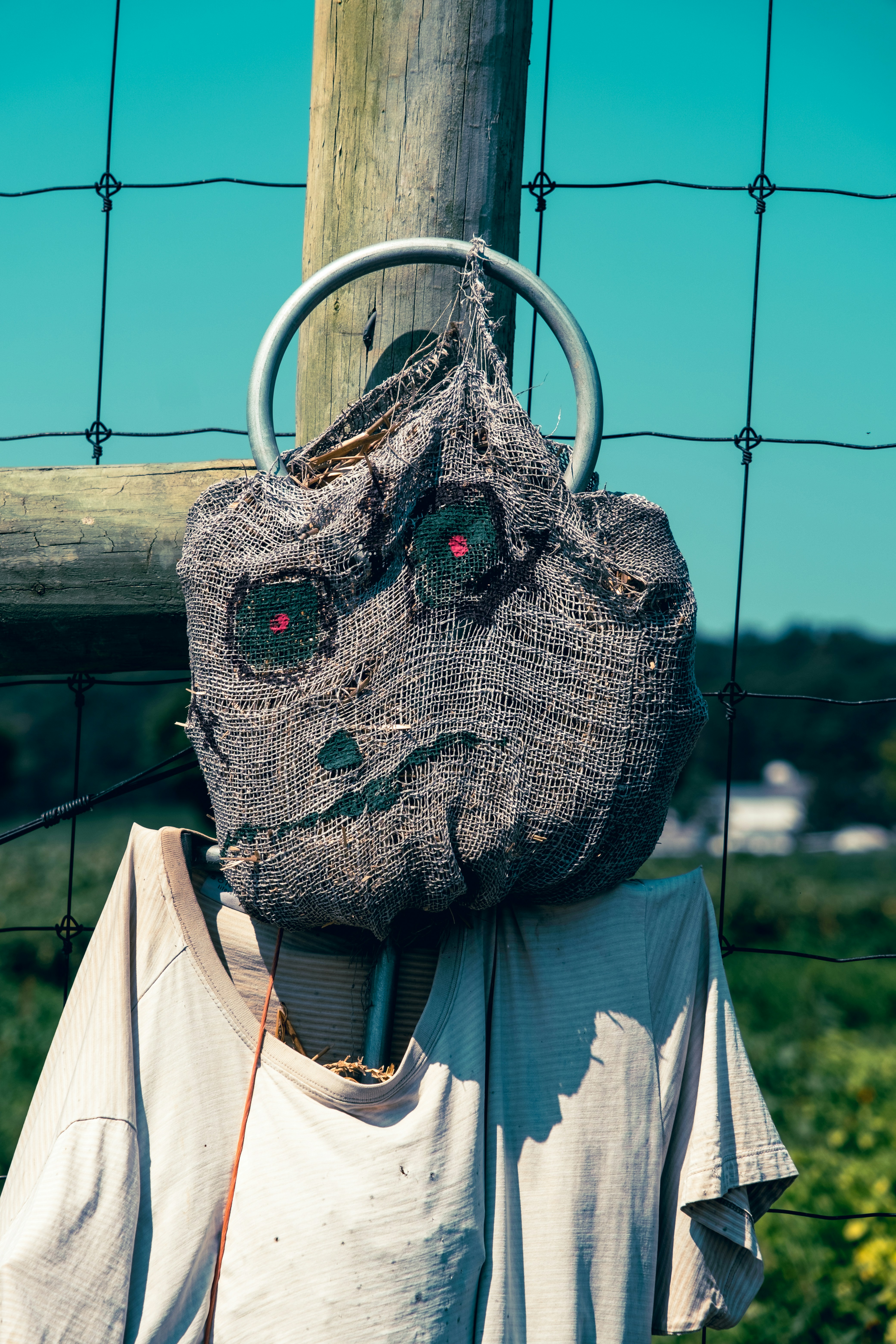 a scarecrow mask hanging on a fence post