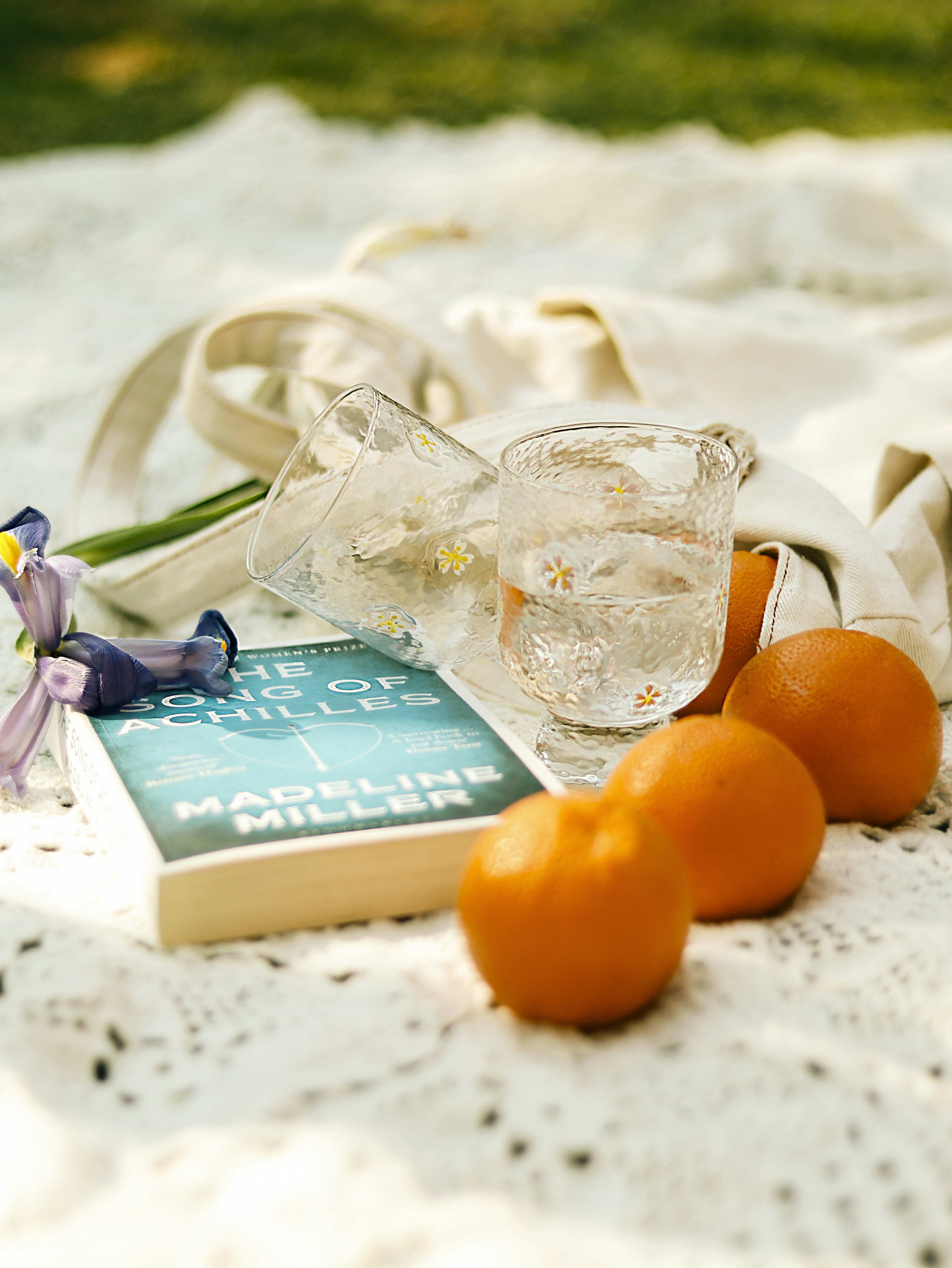 Glassware and Oranges on Lace: A Quiet Picnic Moment
