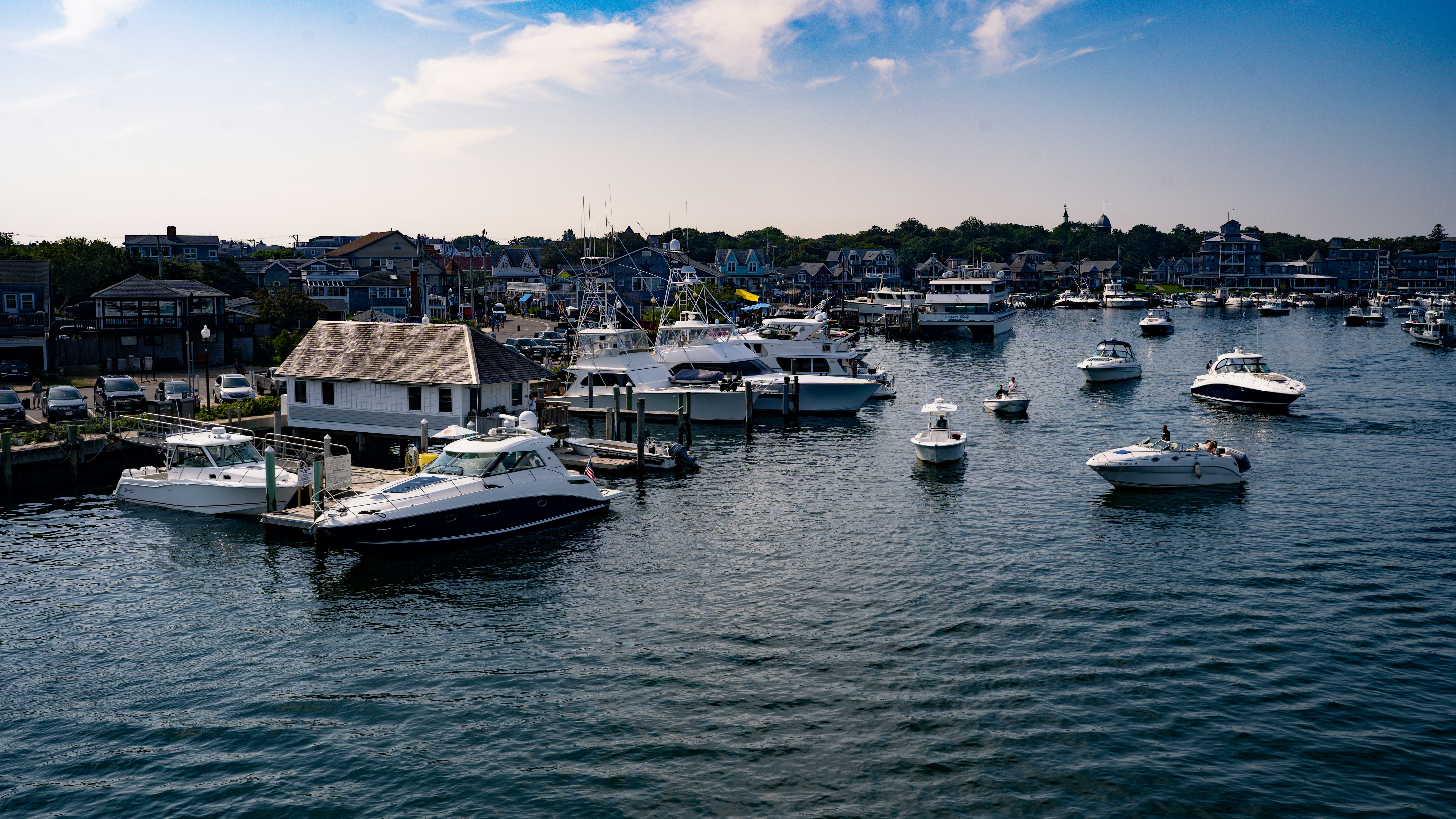 A tranquil harbor scene featuring various boats moored against a backdrop of quaint seaside buildings and clear blue skies.